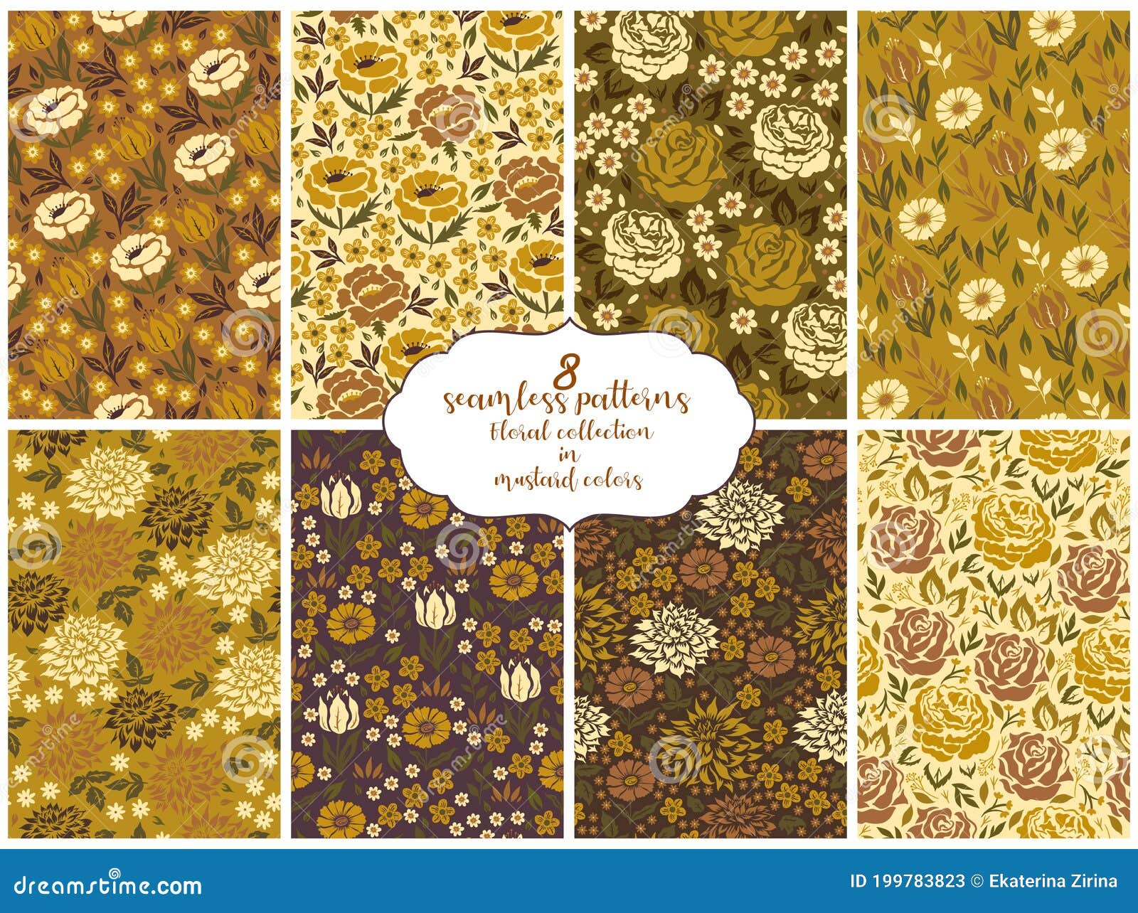8 Seamless Patterns Floral Collection in Mustard Colors. Vector ...