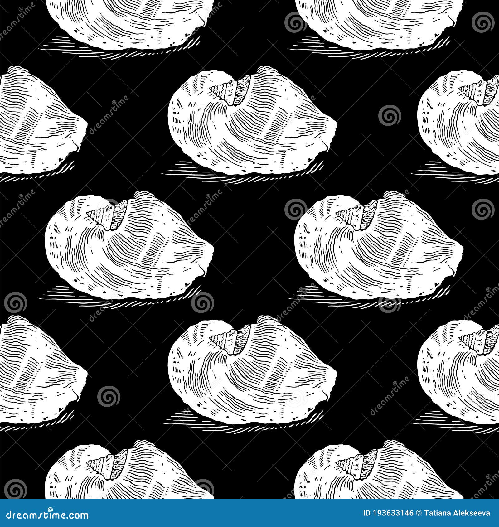 Seamless Patterns of Large Seashells. Black and White Collection ...