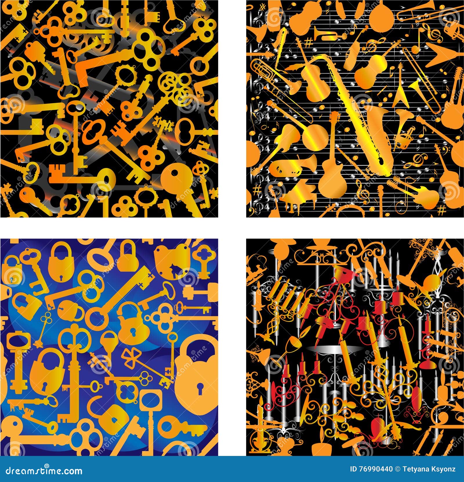 4 Seamless Patterns: Music, Keys, Locks, Candles Stock Vector ...