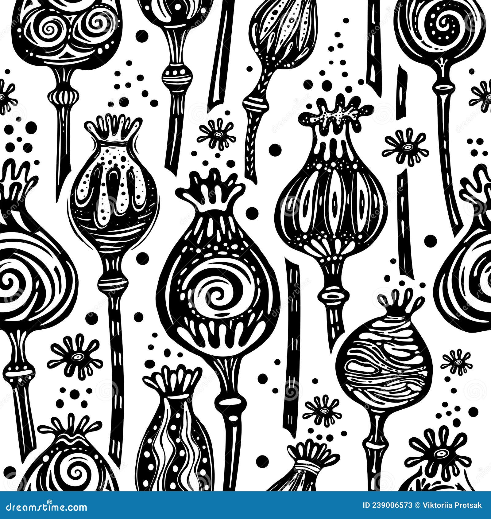 Seamless Patterns with Poppy Heads Stock Vector - Illustration of seed ...