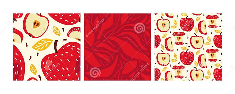 Seamless Patterns with Red Apples and Abstract Forms. Set of Three Stock Illustration ...
