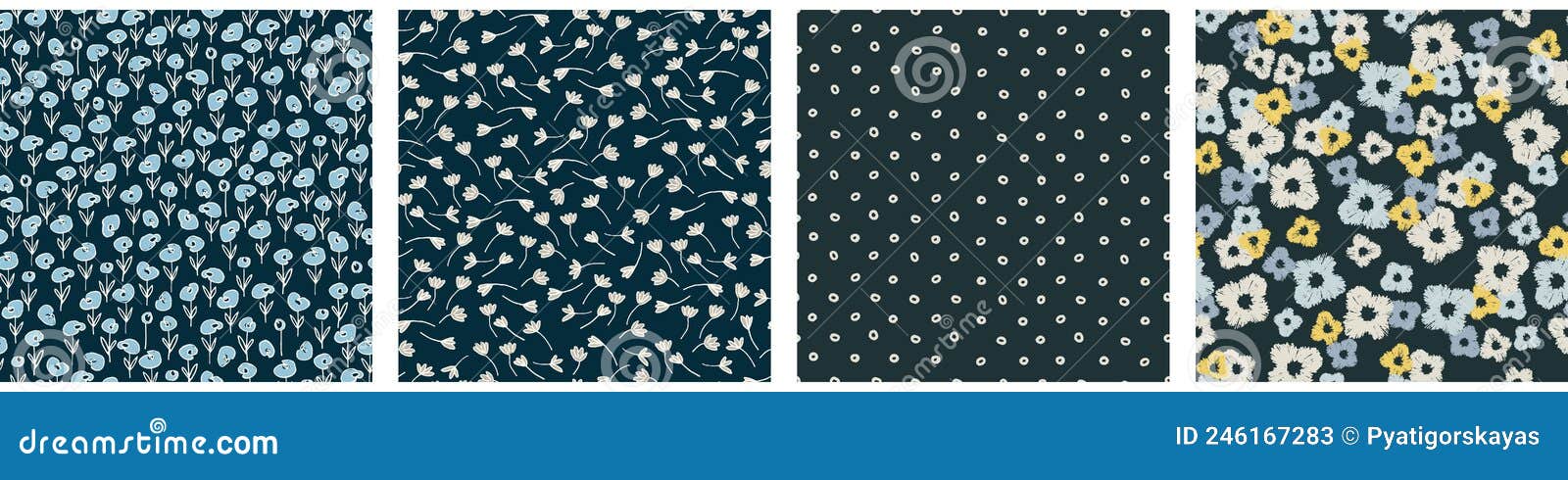 Seamless Patterns Set with Hand Drawn Meadow Flowers in Ditzy Style for ...