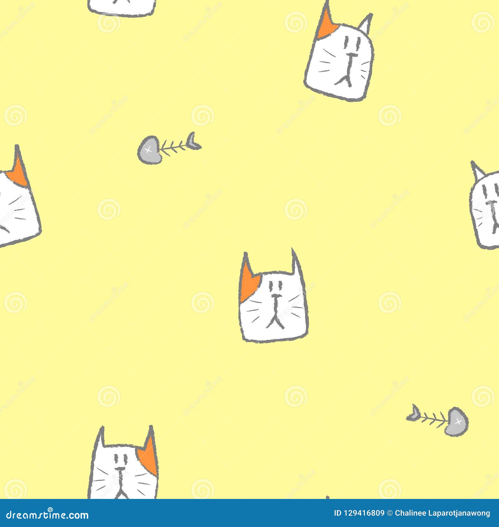 Seamless Pencil Doodle Hand Draw Line Art Cat Repeat Pattern with Fish ...