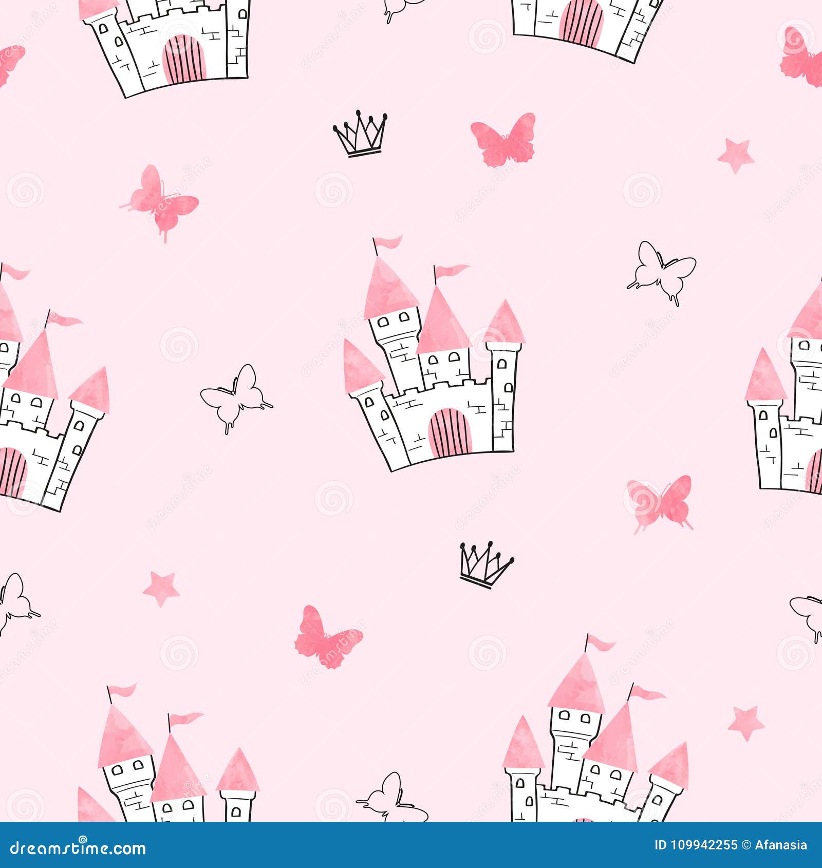 Seamless Princess Pattern with Castle and Butterflies. Stock Vector ...