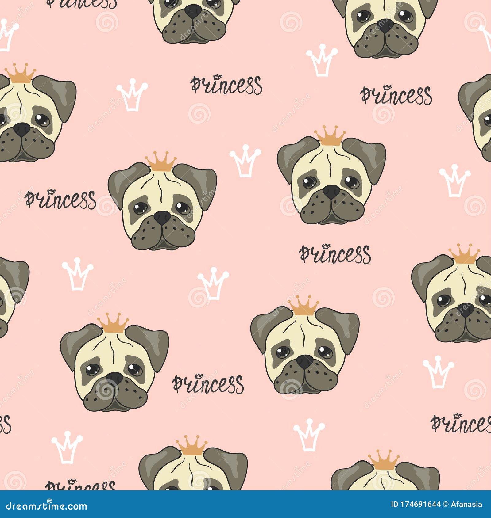 Seamless Pink Princess Pattern with Cute Pugs Stock Vector ...
