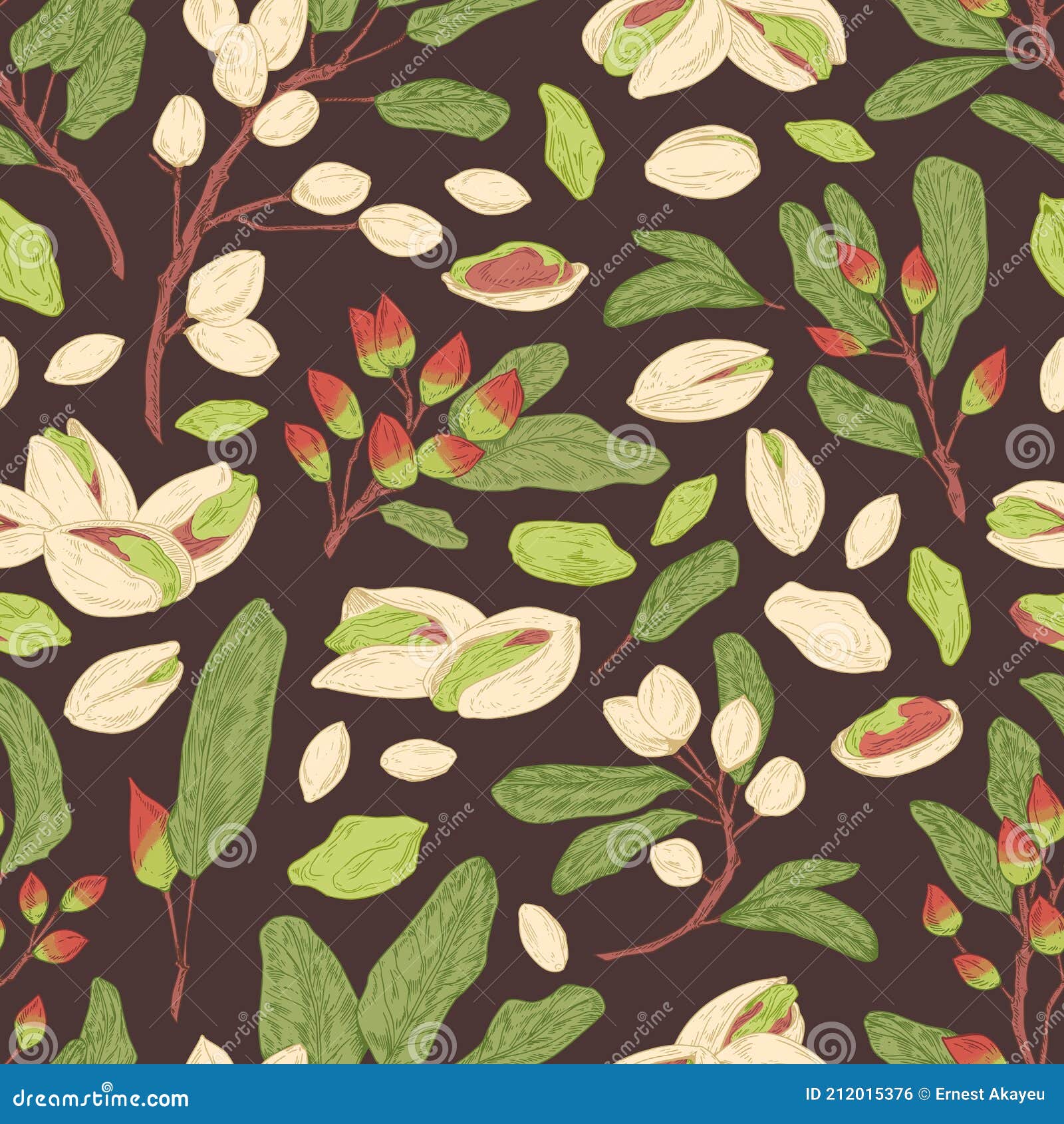 Seamless Pistachio Pattern with Nuts, Shells, Branches and Leaves ...