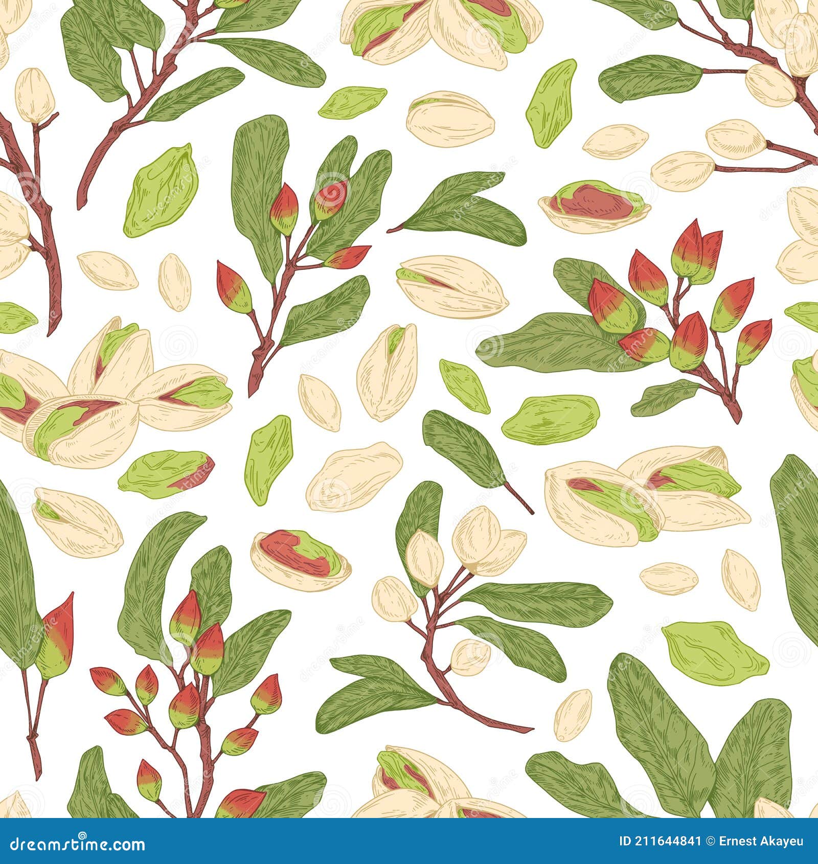 Seamless Pistachio Pattern with Nuts, Shells, Branches and Leaves ...