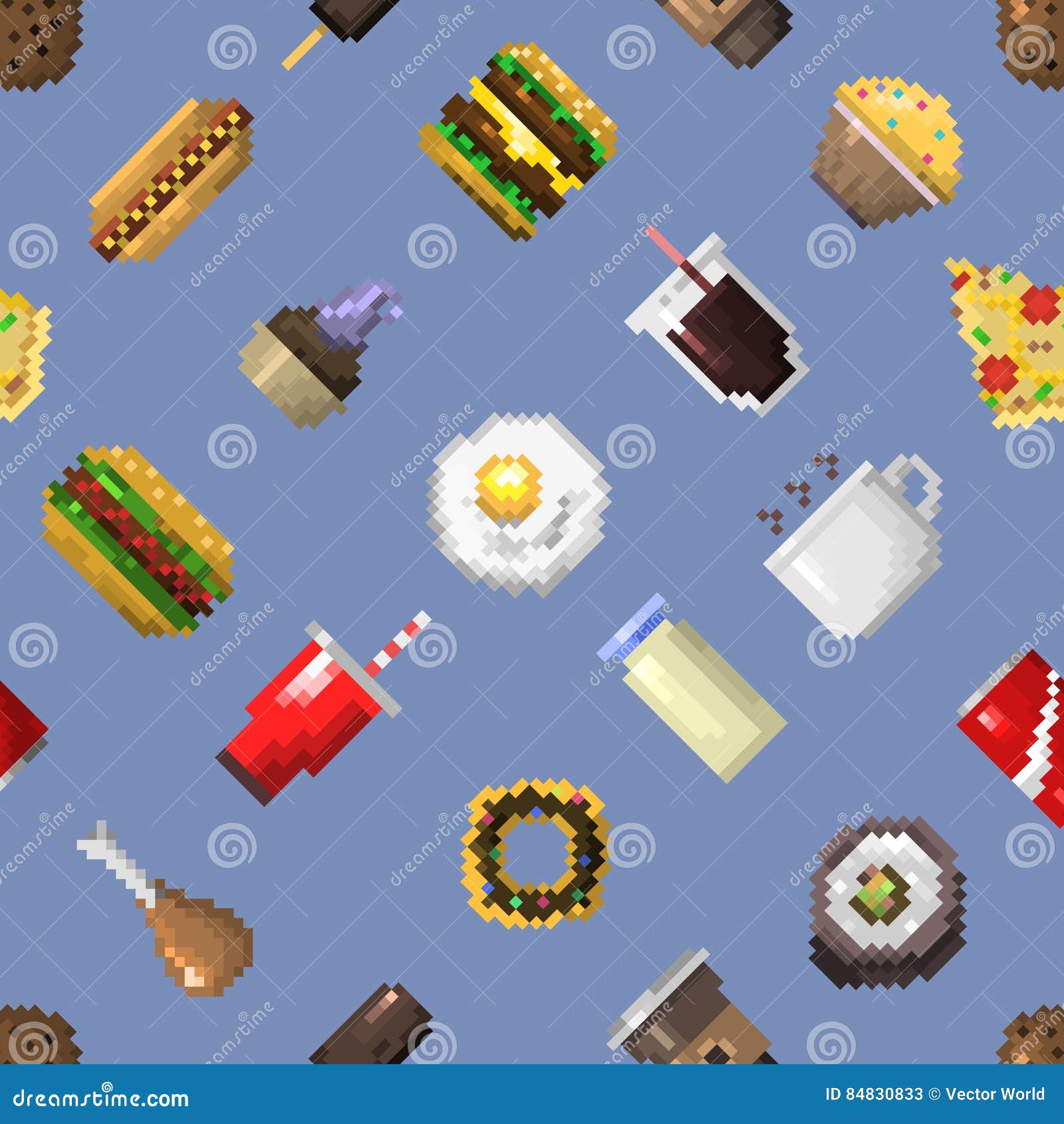 Seamless Pixel Breakfast Pattern Vector. Stock Vector - Illustration of ...