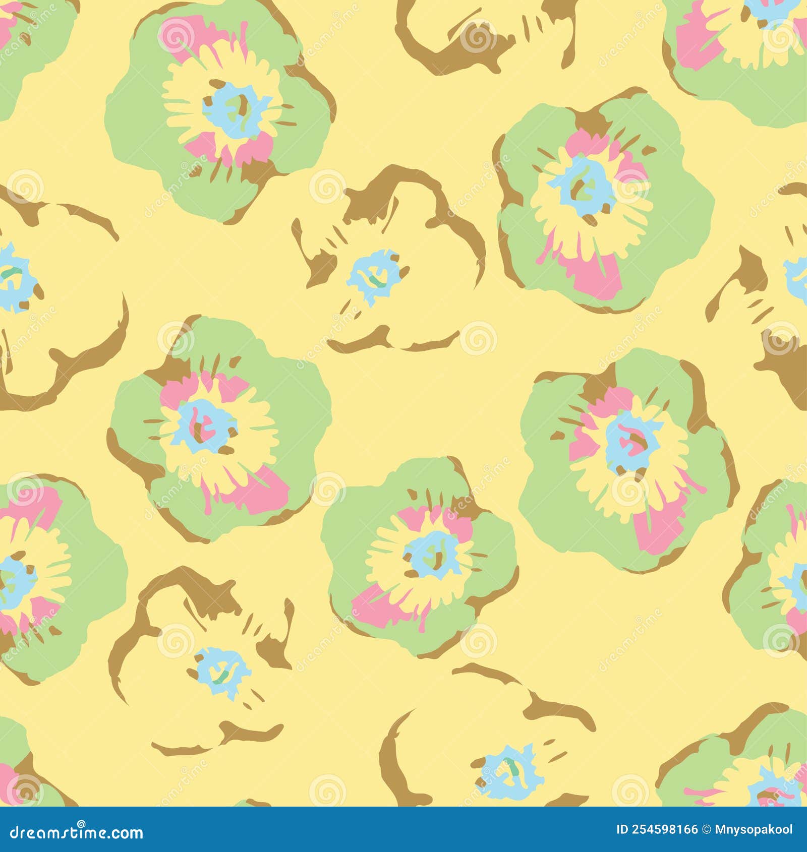 Seamless Plants Pattern on Yellow Background with Abstract Flower ...