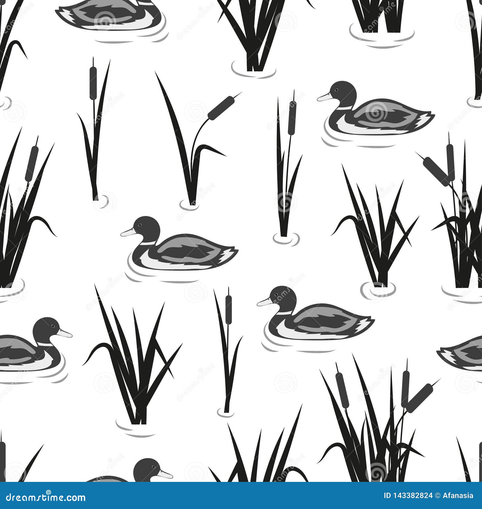 Seamless Pond Pattern with Reeds and Ducks. Vector Black and White ...