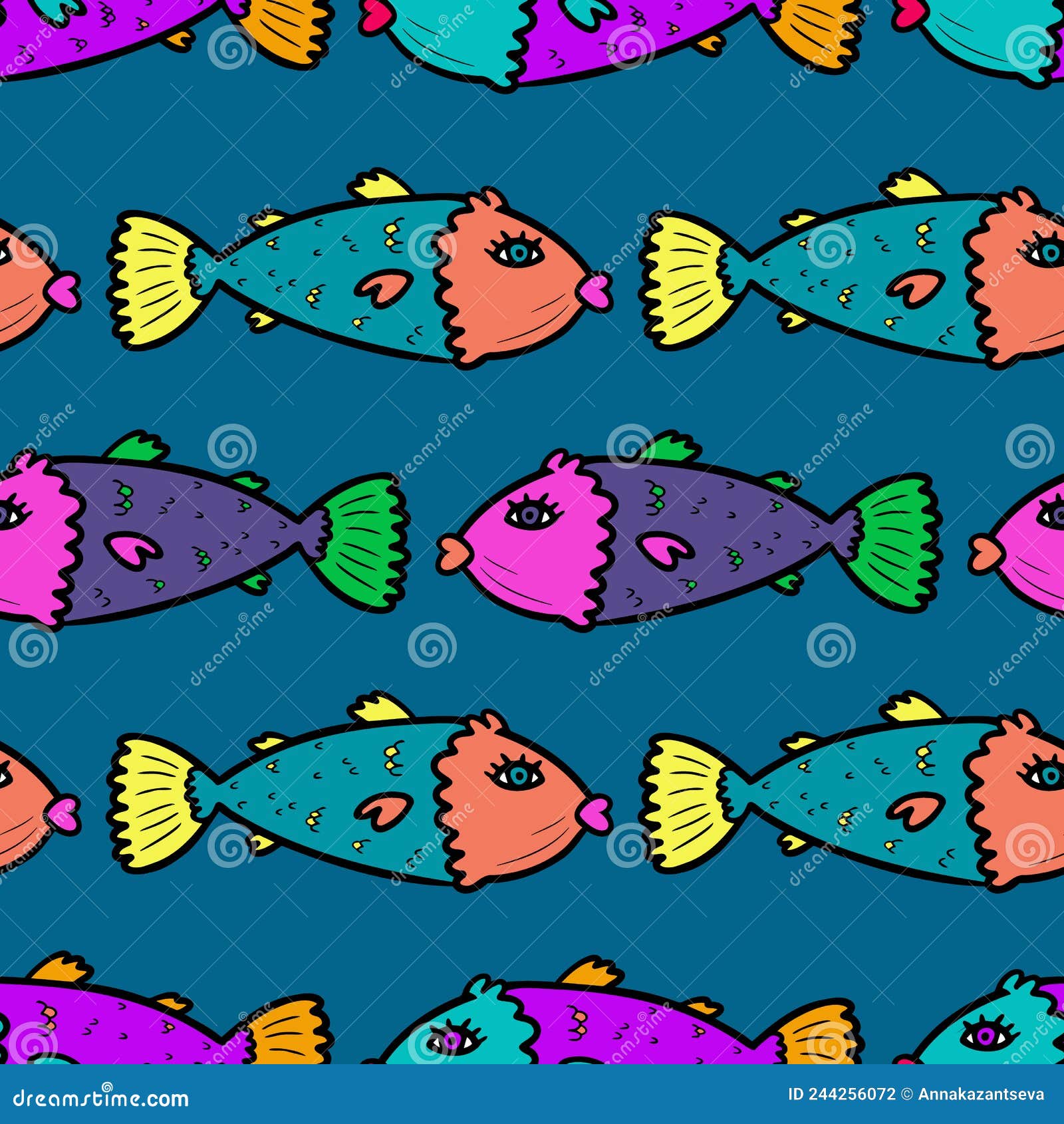 Seamless Psychedelic Fish Vector Pattern. Bright Fishes in Rows ...