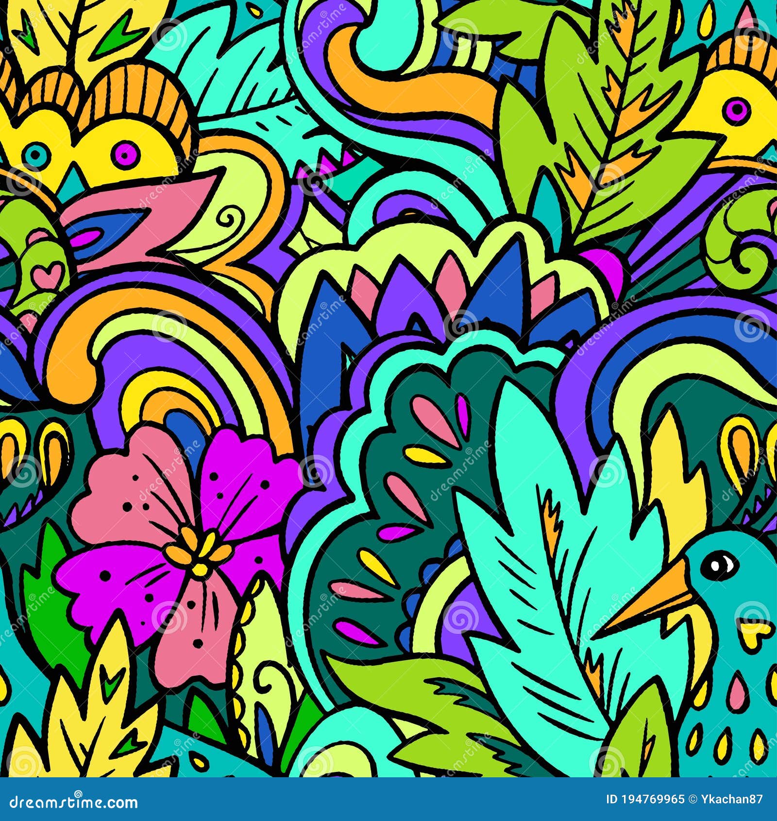 Seamless Psychedelic Pattern with Crazy Colorful Ornamental Elements ...