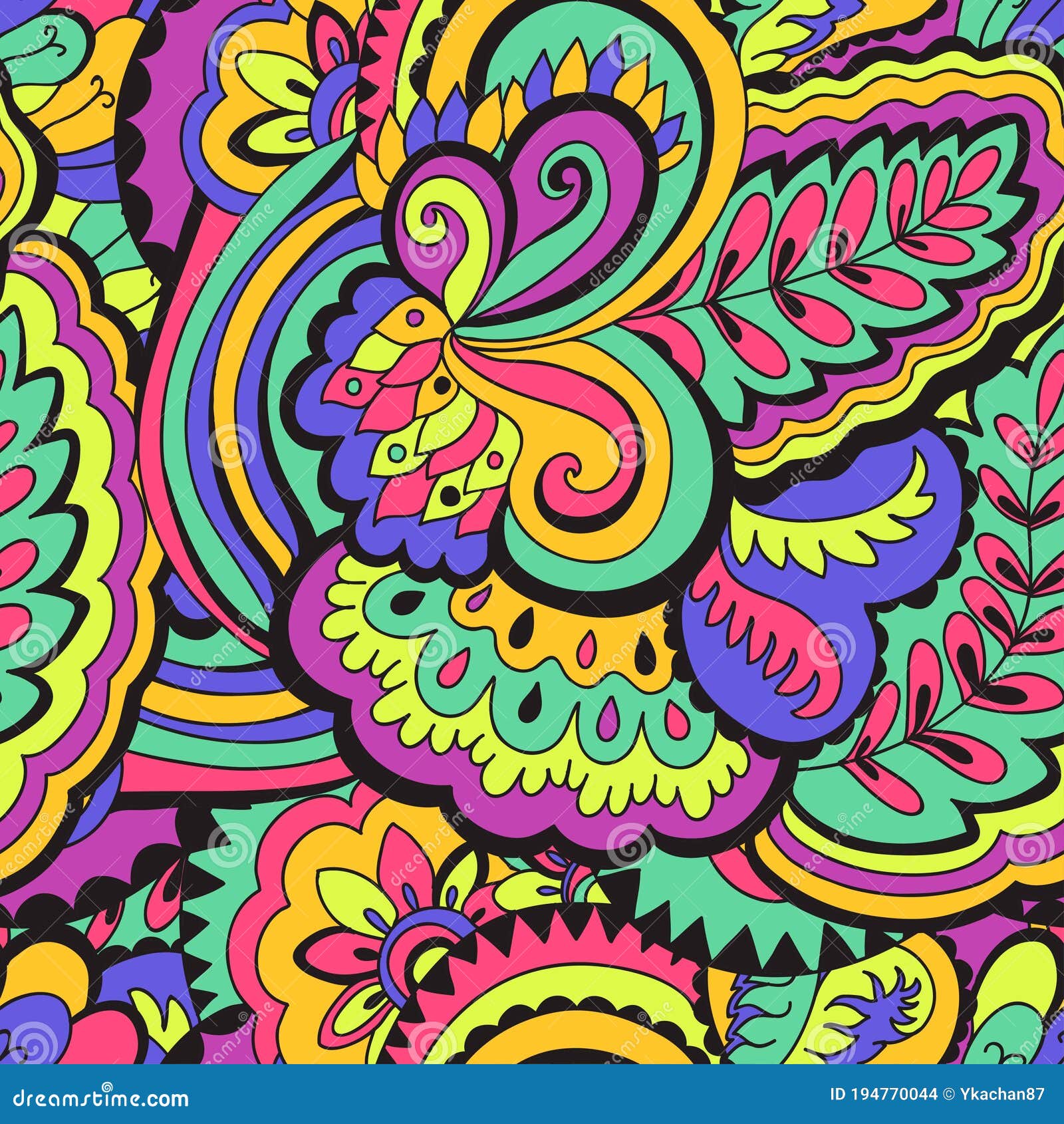 Seamless Psychedelic Pattern with Crazy Colorful Ornamental Elements ...