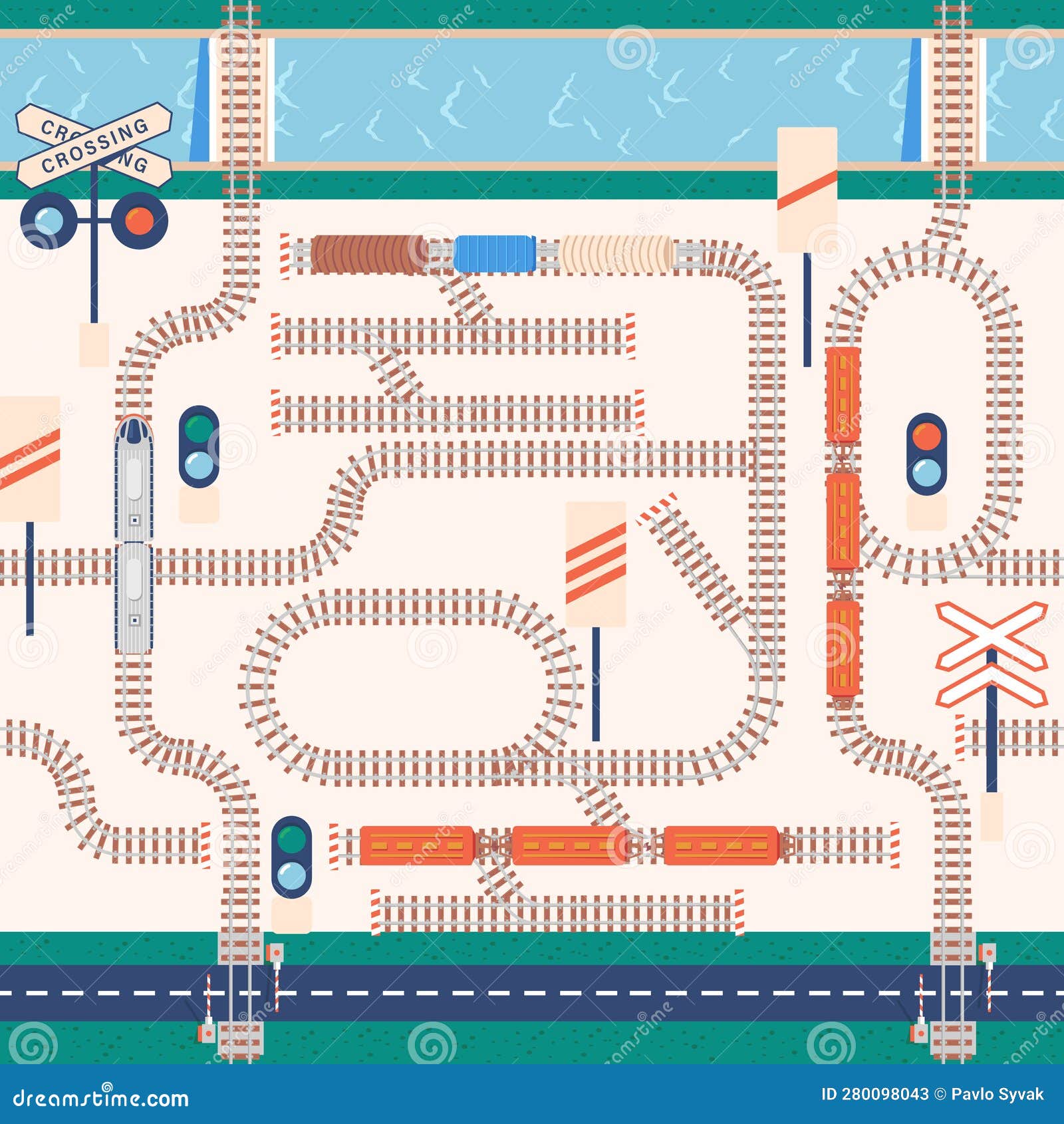 Seamless Railway Pattern. Repetitive Design Featuring Trains, Tracks ...