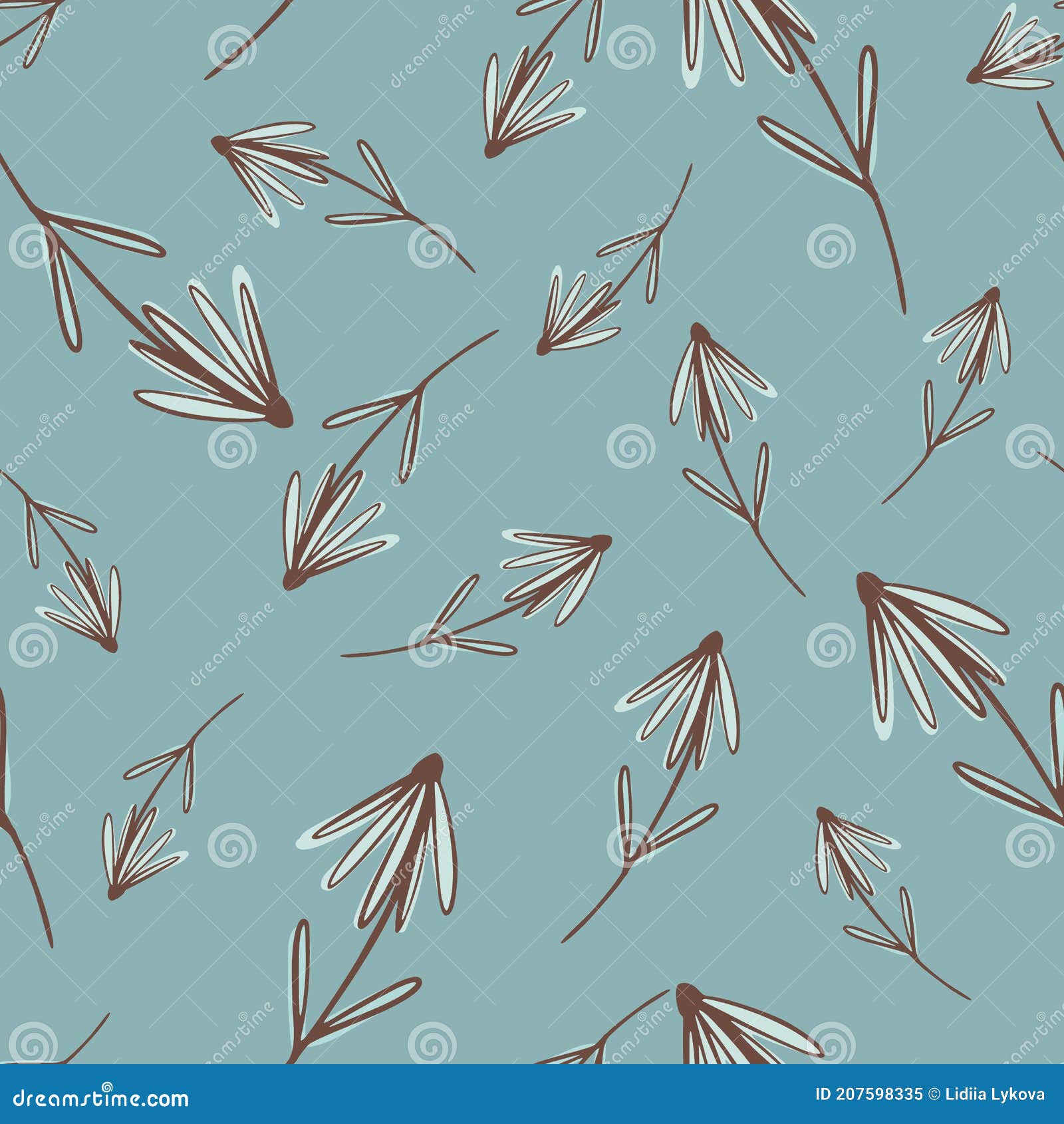 Seamless Random Pattern with Beige Outline Flower Silhouettes. Blue ...