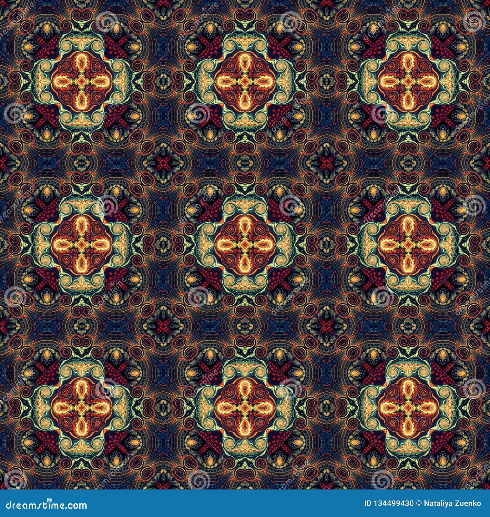 Seamless Raster Pattern in Oriental Style Flower Psychedelic Mosaic ...