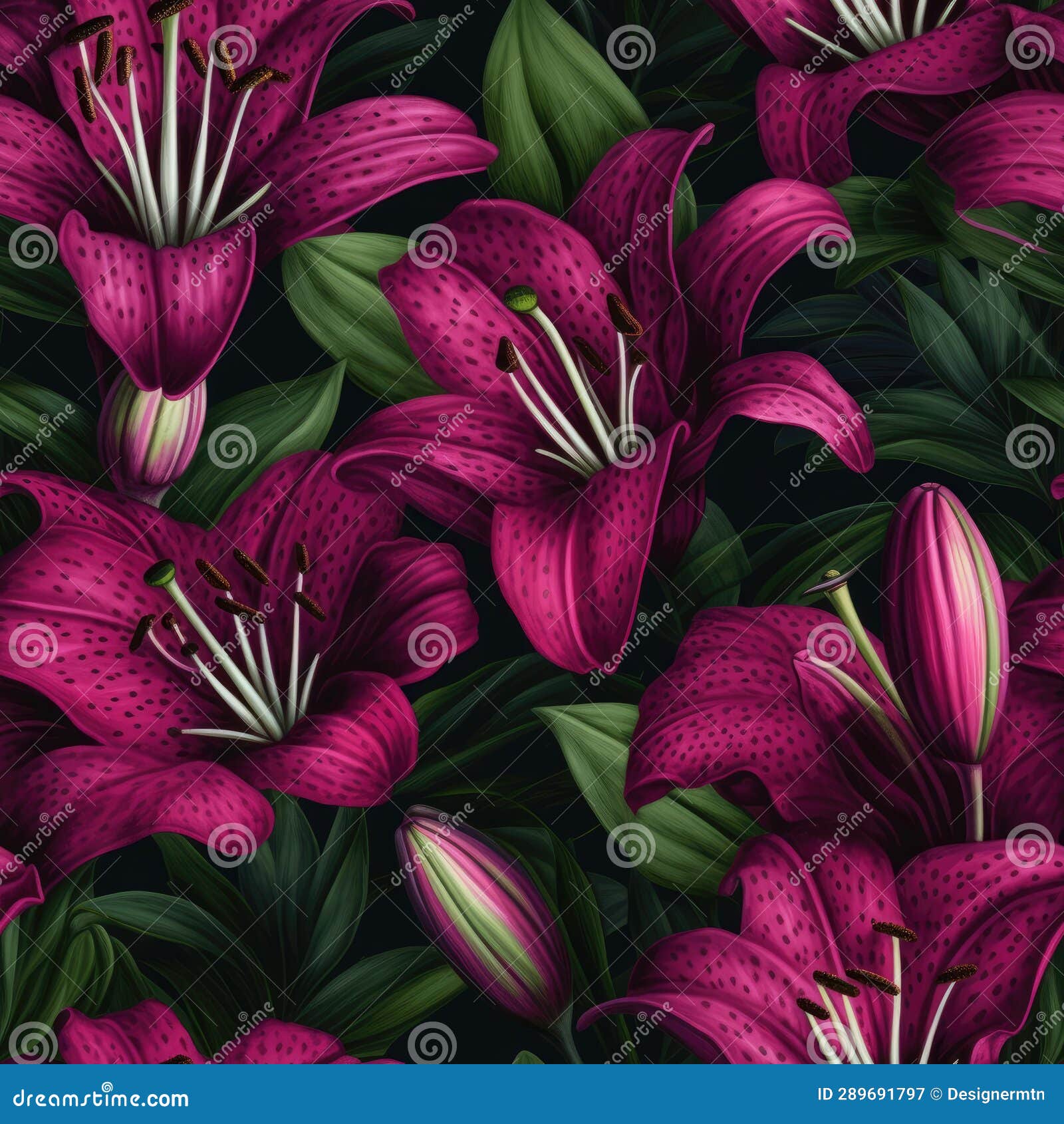 Hand Painted Pink Color Lily Flowers Seamless Pattern. Wallpaper Design ...