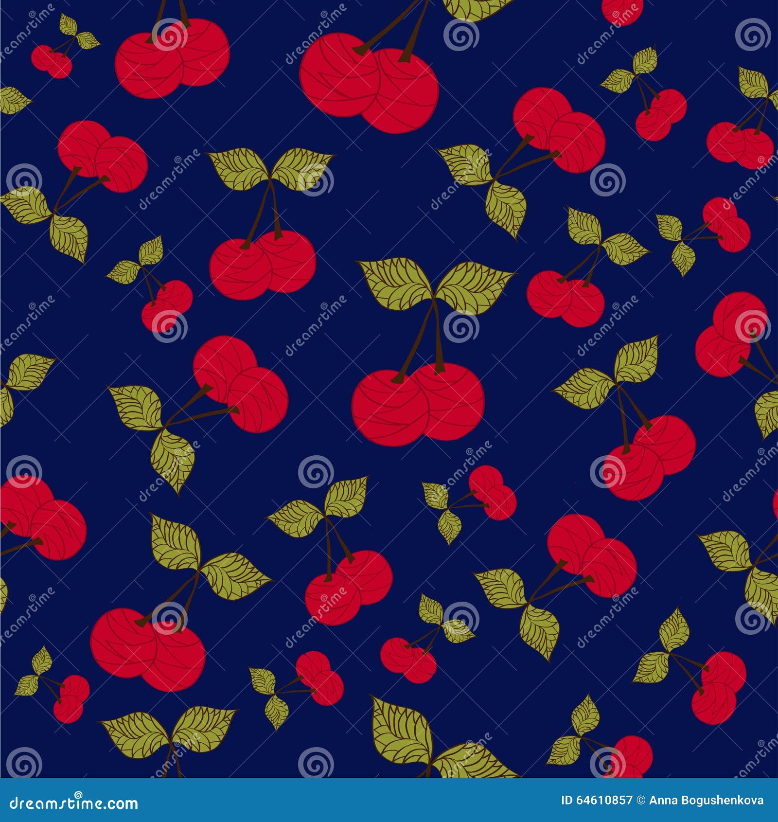 Seamless Red Cherry Pattern with Blue Background Stock Illustration ...