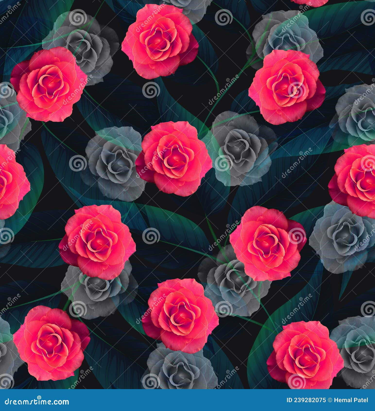 Seamless Red and Grey Flower Floral Pattern Stock Illustration ...