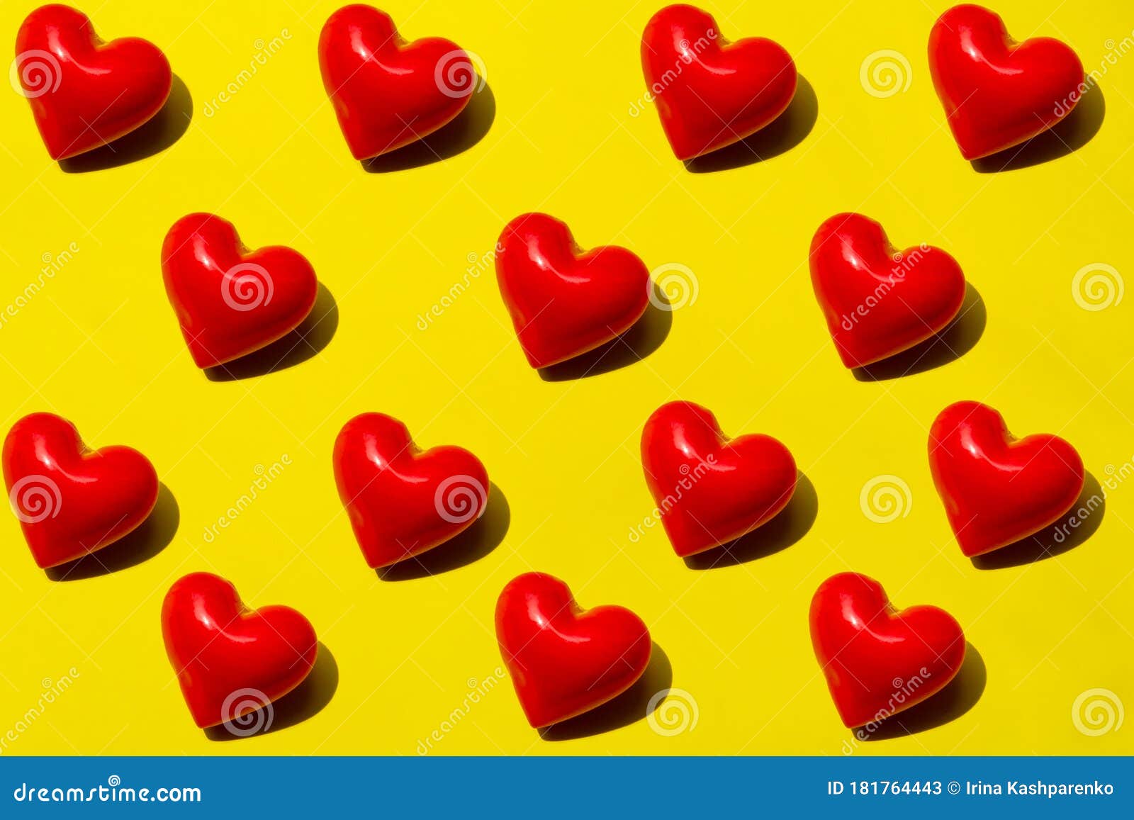 Seamless Red Hearts Pattern on Yellow Background. Top View, Flat Lay ...