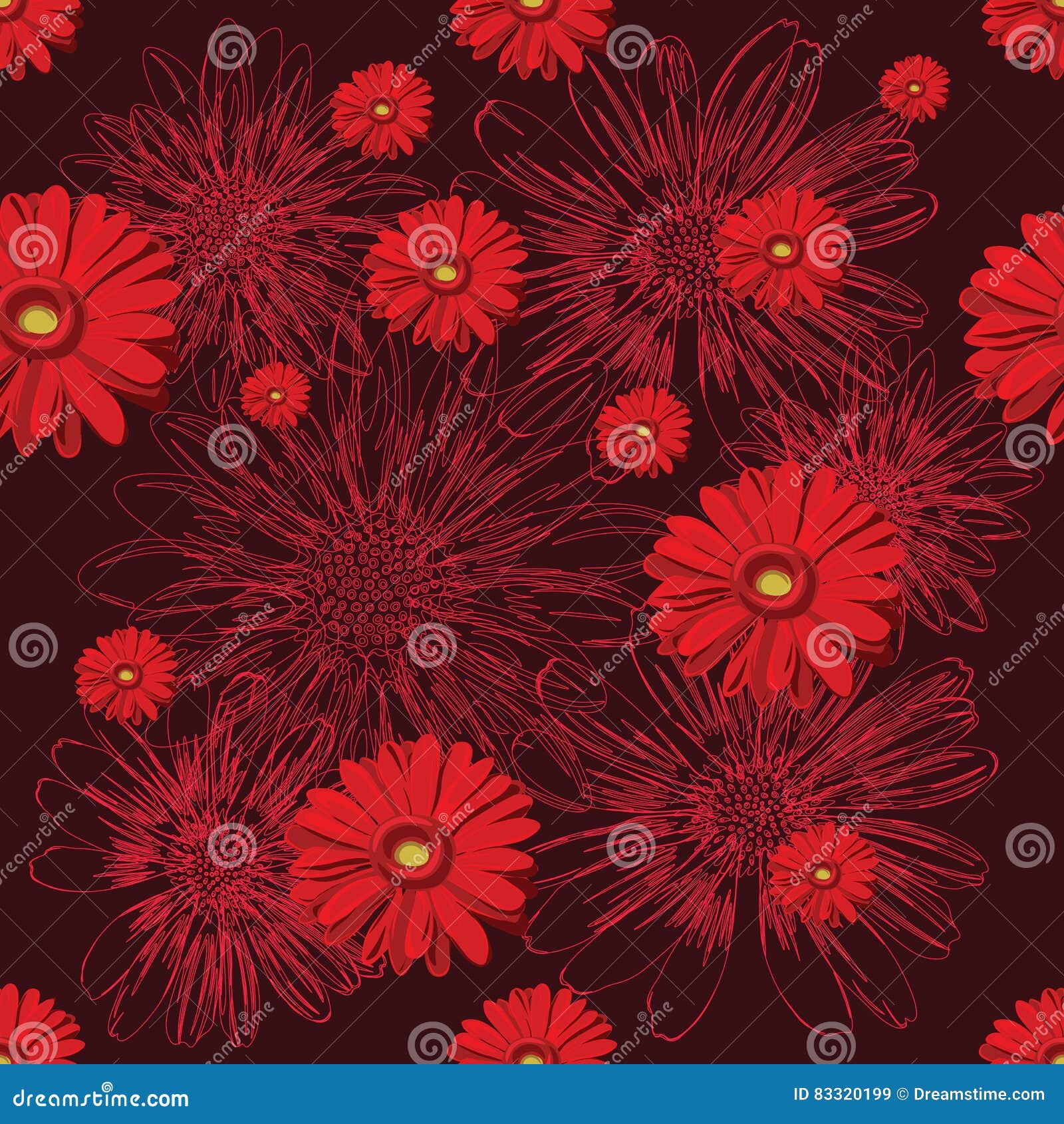 Seamless Red Pattern with Lined and Colored Flowers. Stock Vector ...