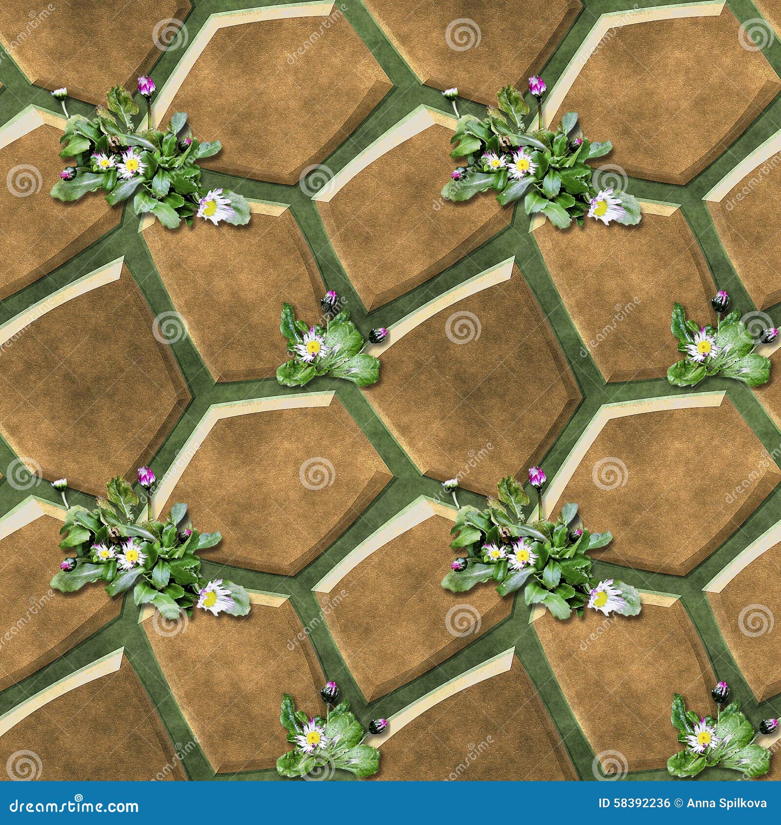 Seamless Relief Pavement Pattern of Brown Polygonal Stones and Daisies ...