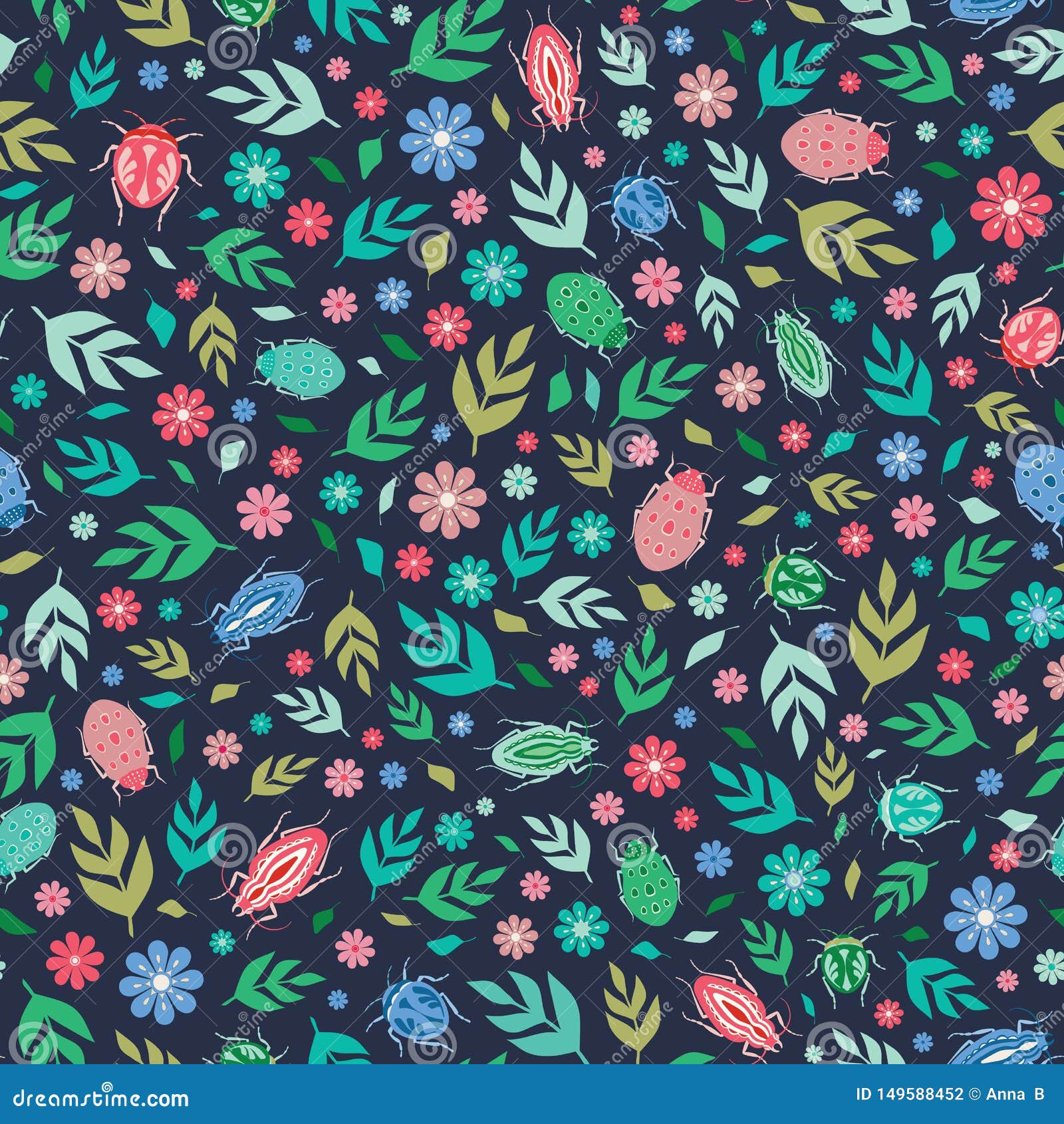 Seamless Repeat Pattern of Colourful Beetles, Leaves and Flowers on a ... Seamless Repeat Pattern of Colourful Beetles, Leaves and Flowers on a ...