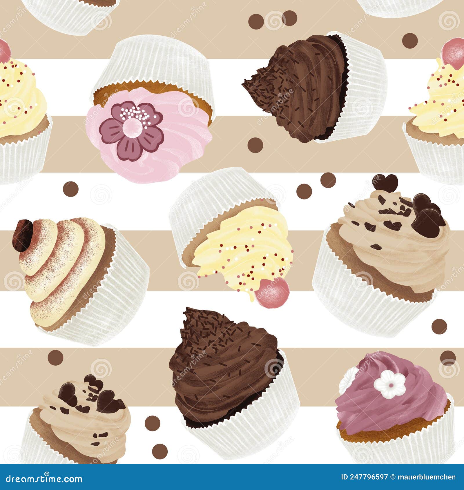 Seamless Repeat Pattern of Cupcakes on Brown Stripes Stock Vector ...