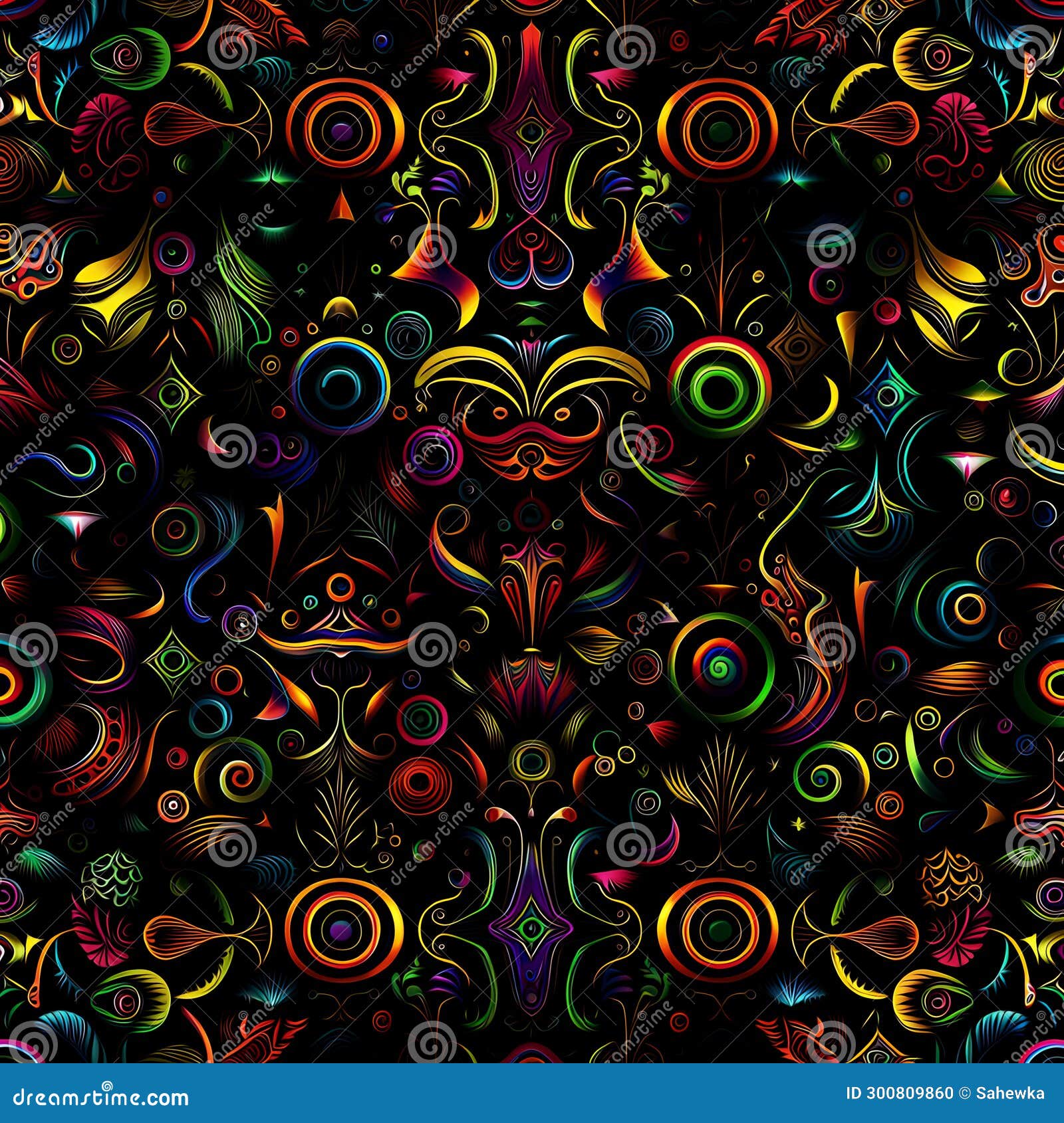 Seamless Repeat Pattern Design. Bright Colorful Shapes on Black ...