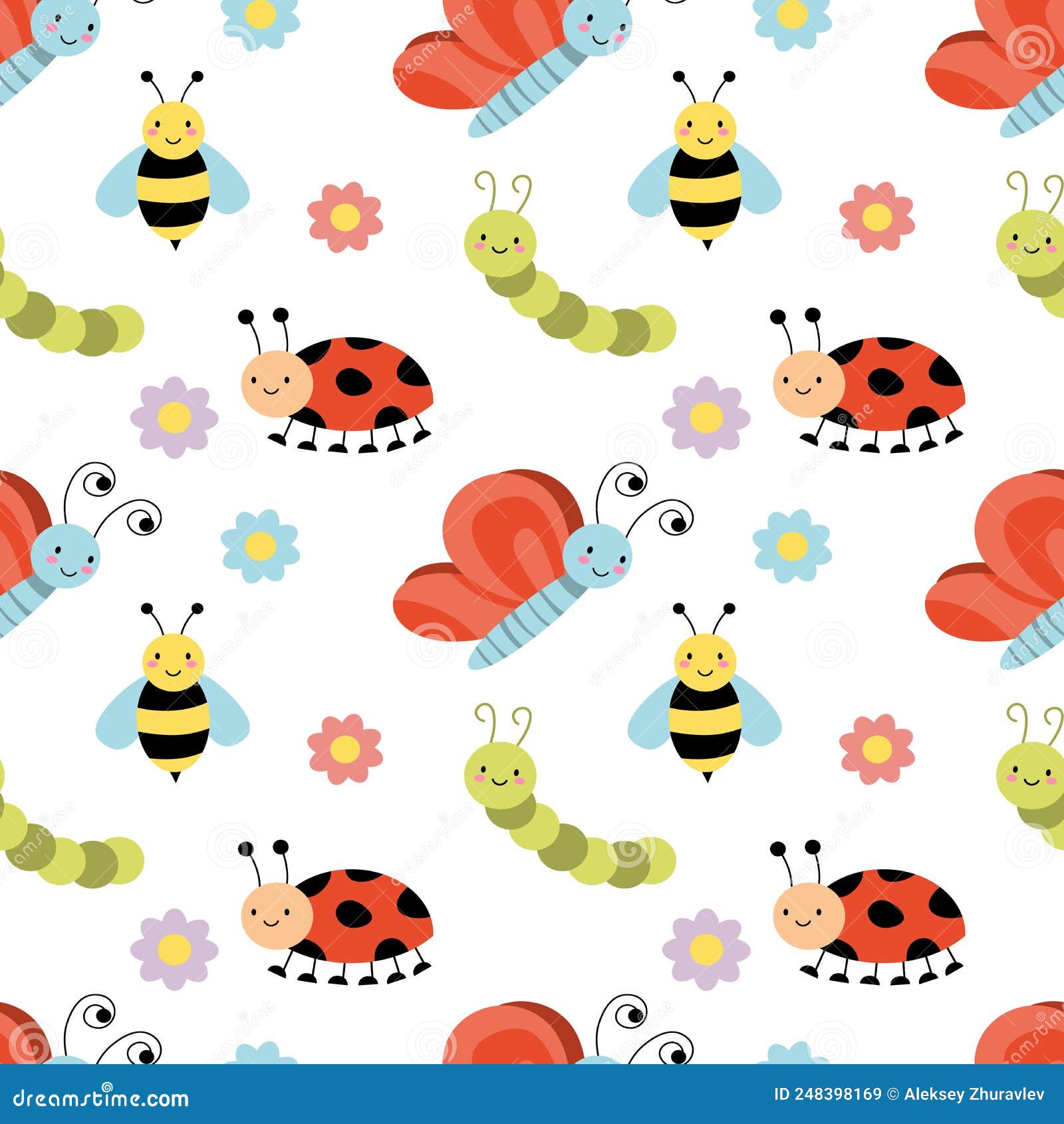 Seamless Repeat Pattern with Fun Happy Bugs, Insects, Bee, Flowers on a ...
