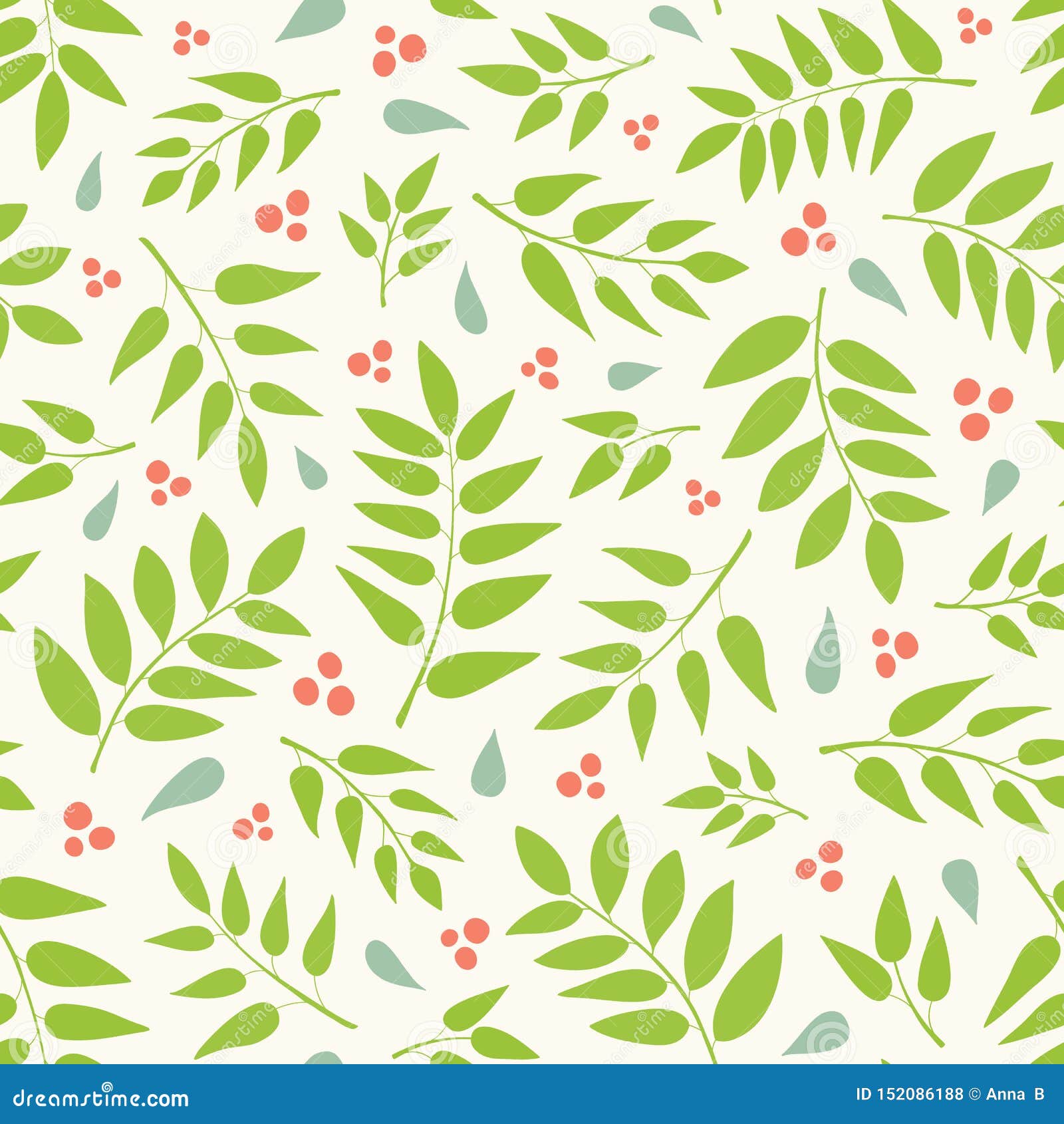 Seamless Repeat Pattern of Hand Drawn Leaves and Berries in a Tossed ...