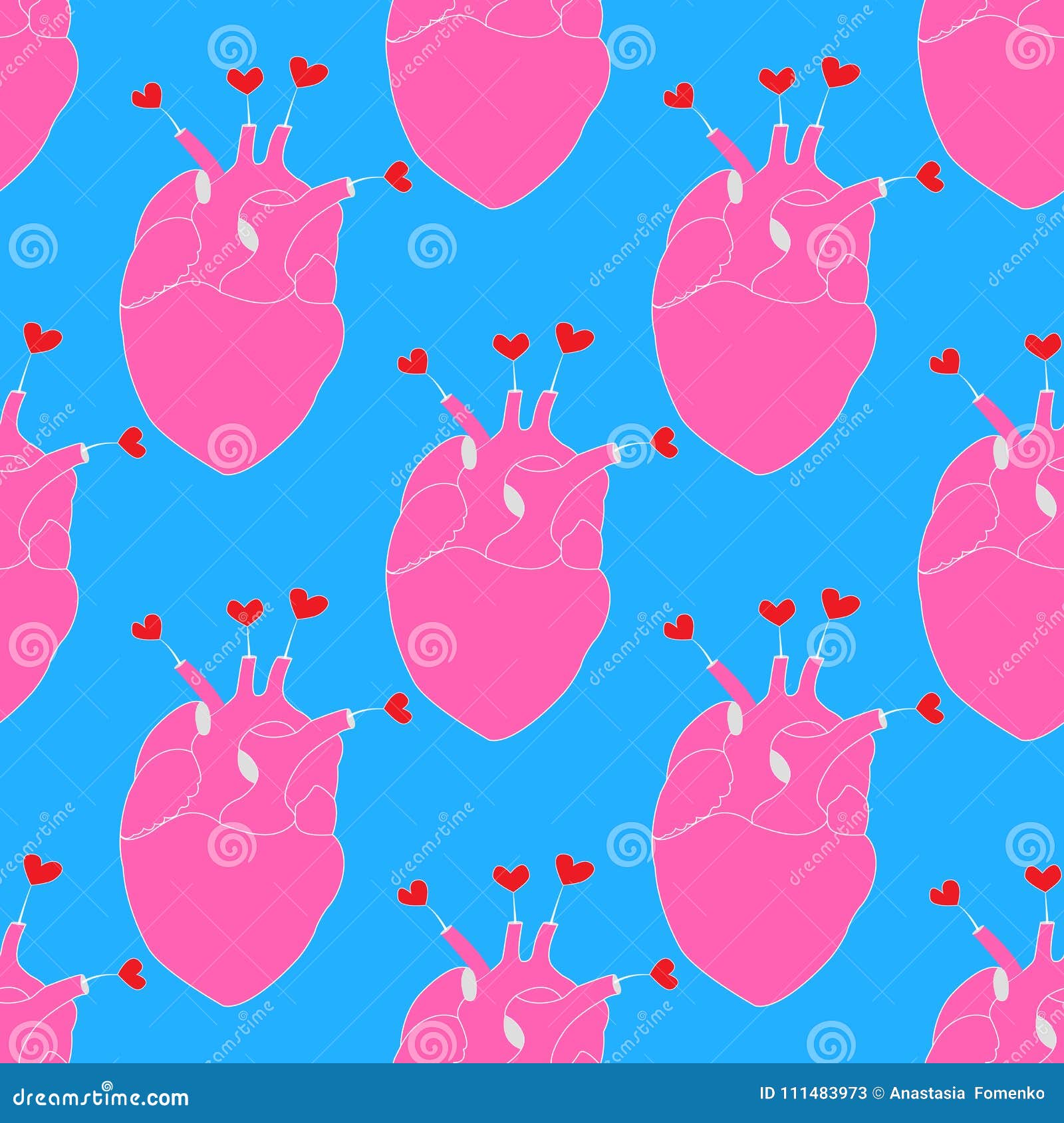 Seamless Repeat Pattern with Pink Heart the Internal Organ on Blue ...