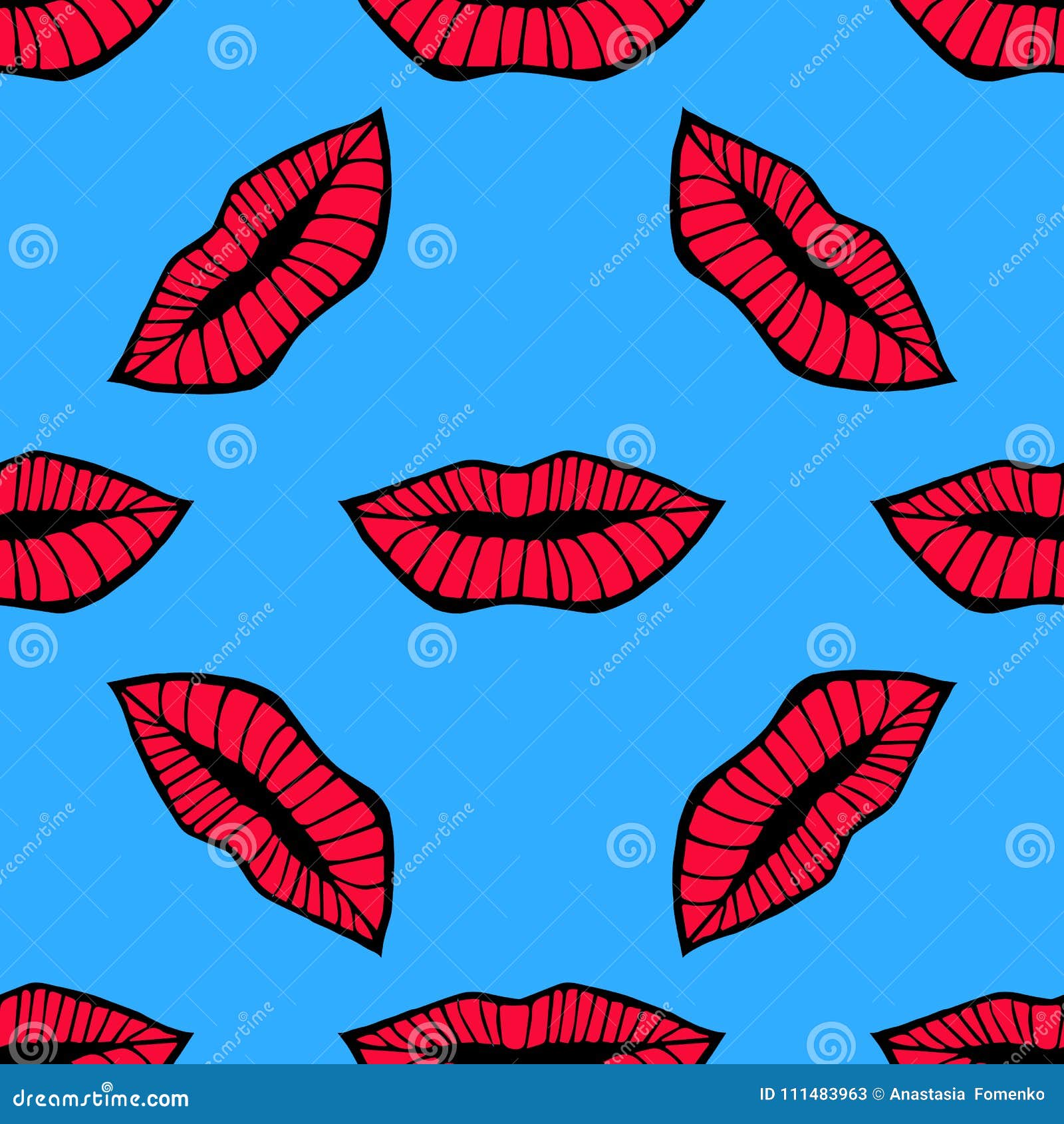 Seamless Repeat Pattern with Red Lips on Blue Background, Vector ...