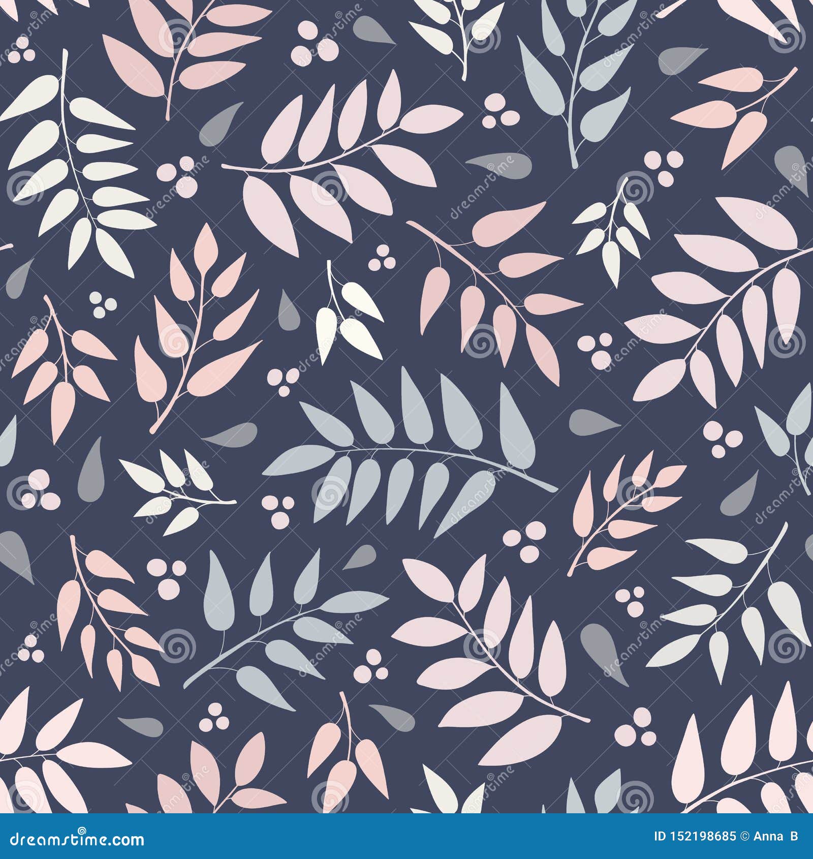 Seamless Repeat Pattern of Hand Drawn Leaves and Berries in a Tossed ...