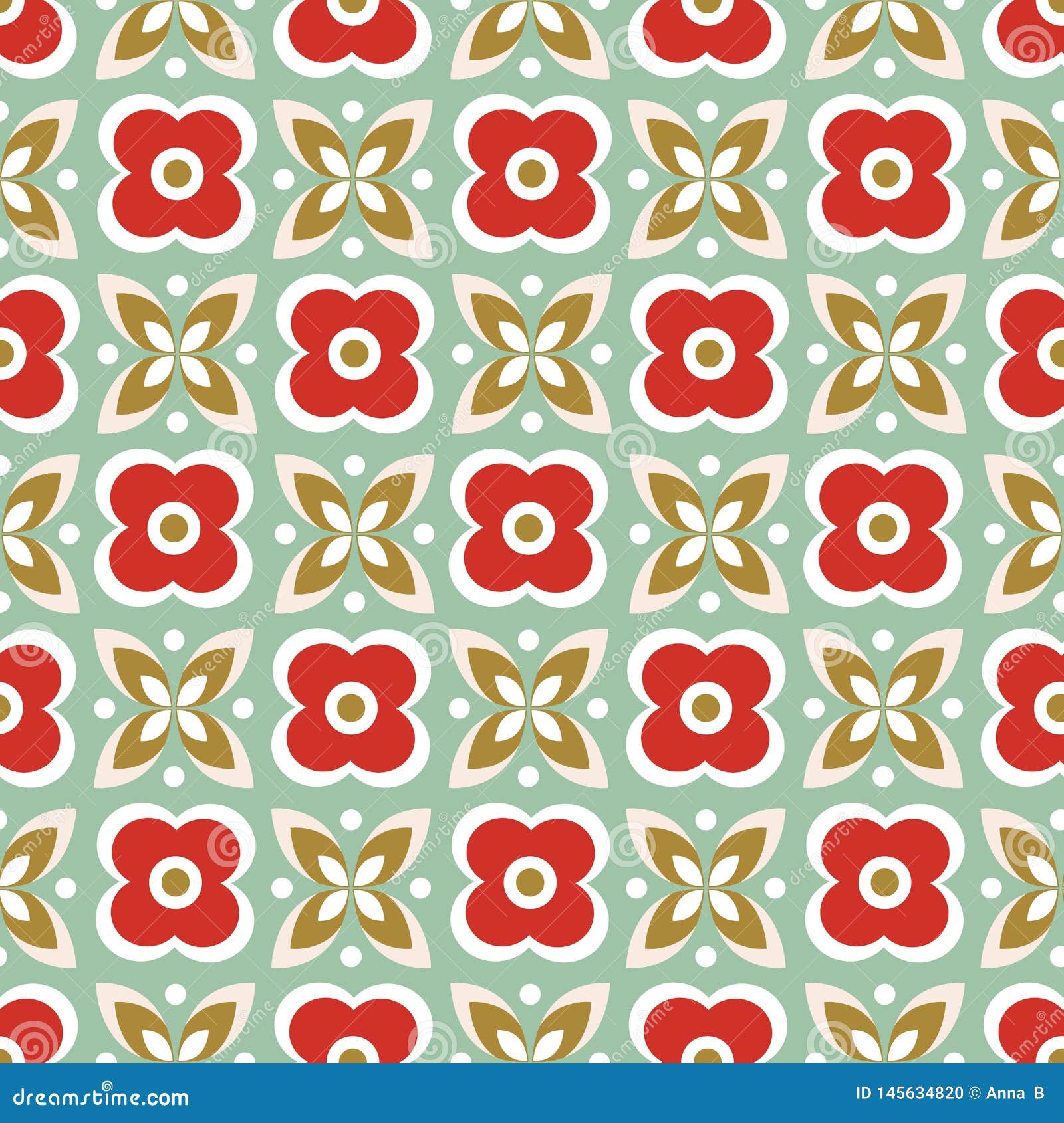 Seamless Repeat Pattern of Stylized Red Flowers and Green Leaves in a ...