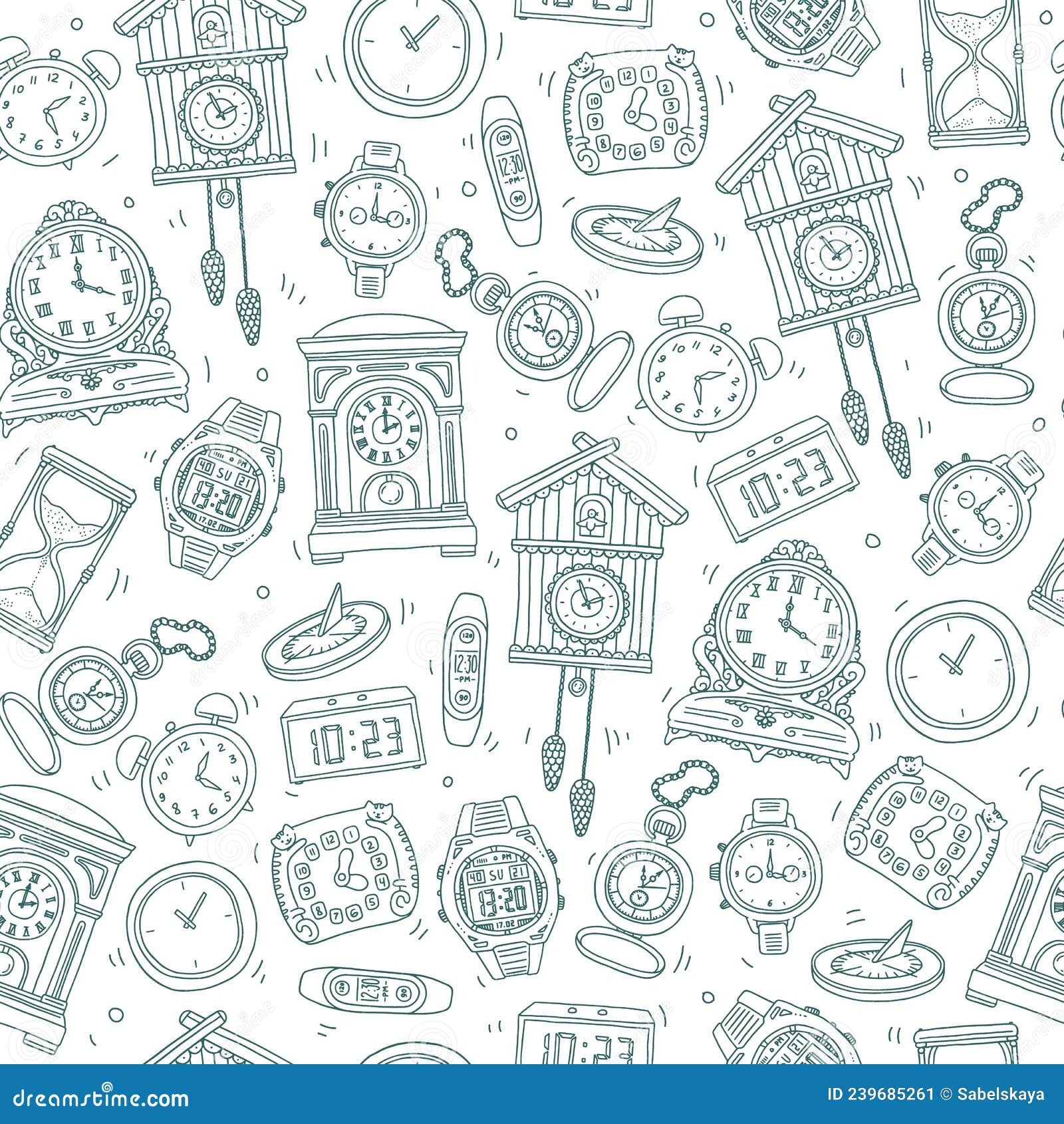 Seamless Repeatable Pattern with Clocks, Hand Drawn Vector Illustration ...