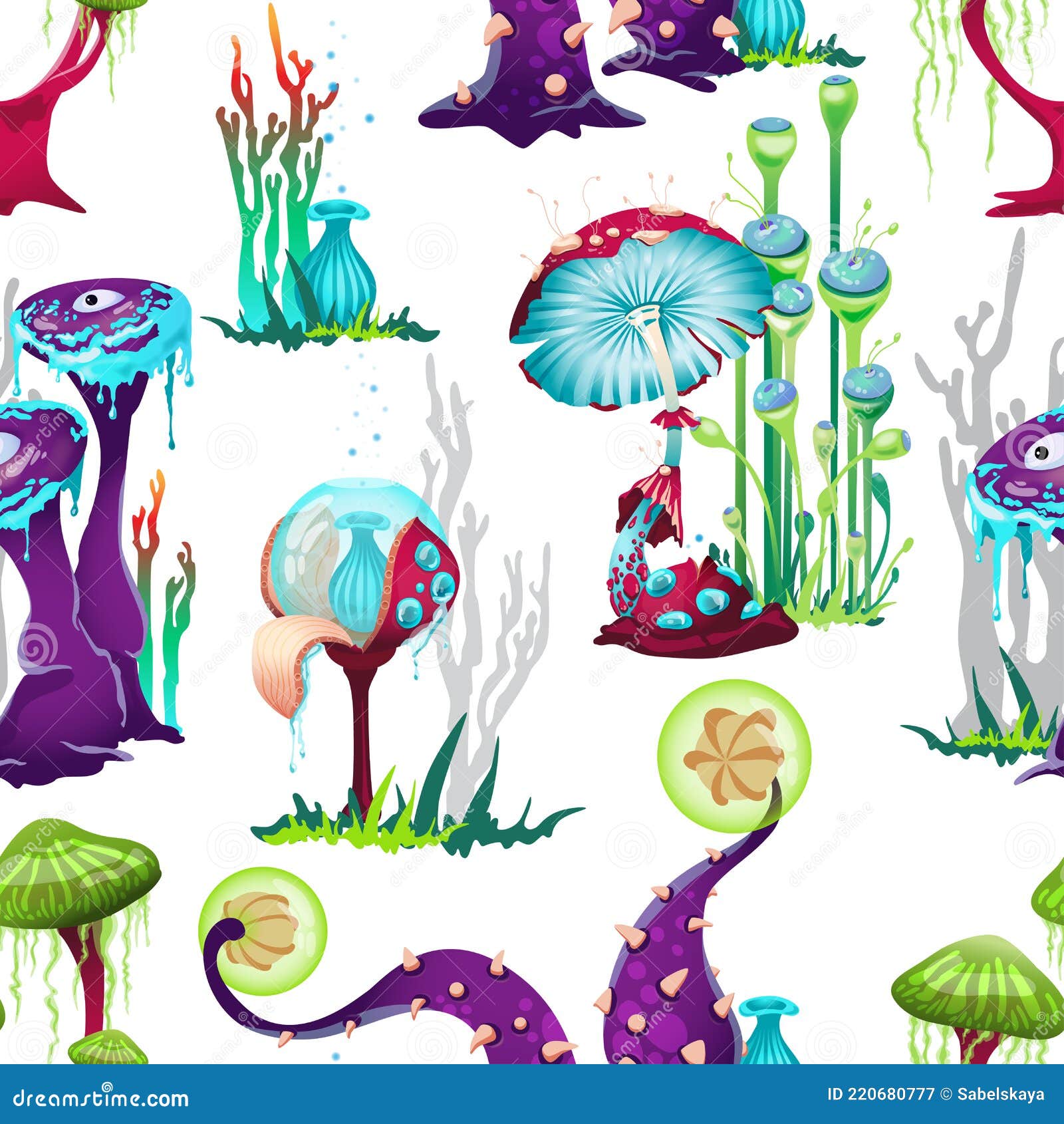 Seamless Pattern With Magic Plants And Mushrooms Cartoon Vector Illustration Stock Vector