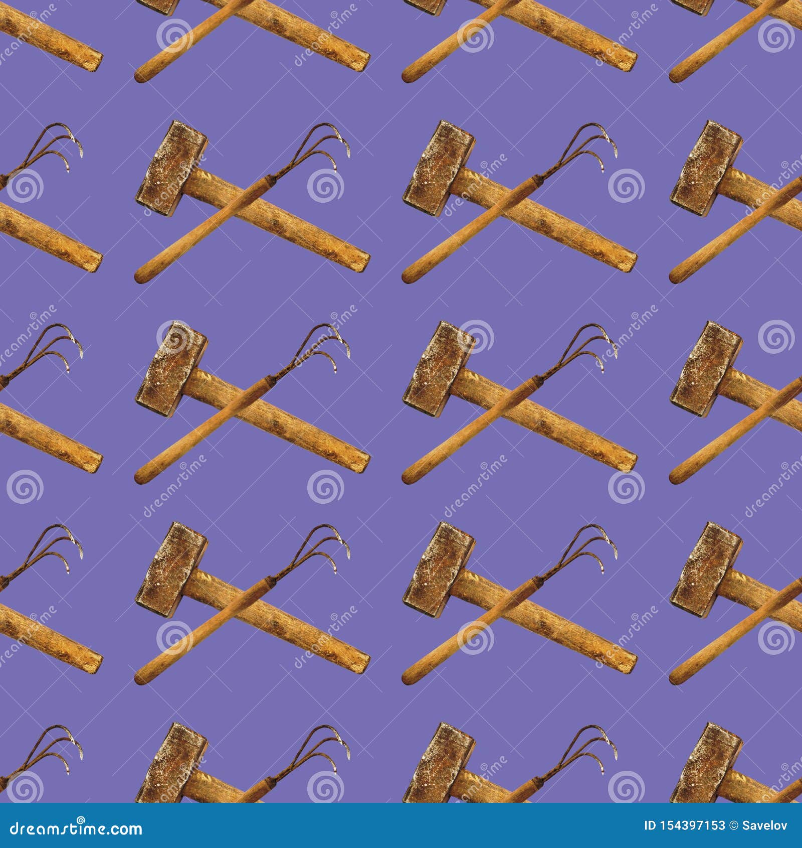 Seamless Pattern of Hoe and Hammer on a Purple Background Stock Image ...