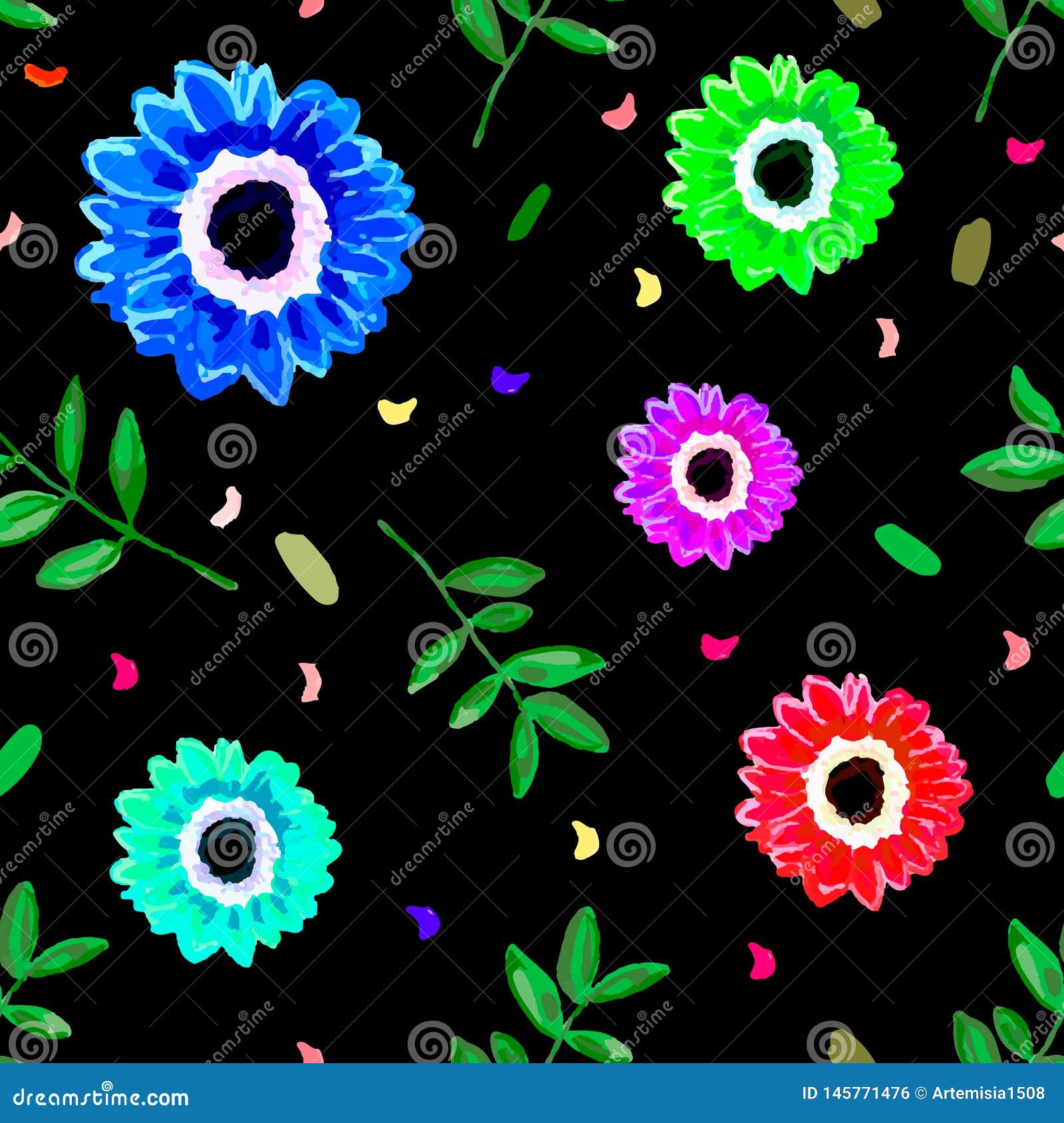 Seamless Repeating Pattern with Hand Painted Flower Blossoms on Black ...
