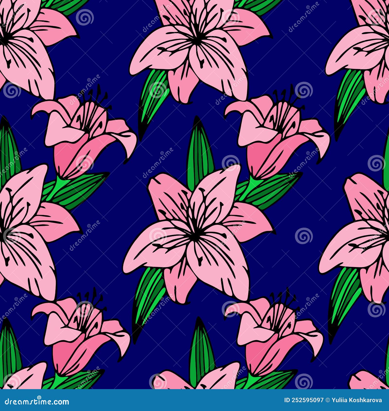 Seamless Repeating Pattern of Large Pink Lily Flowers on a Blue ...