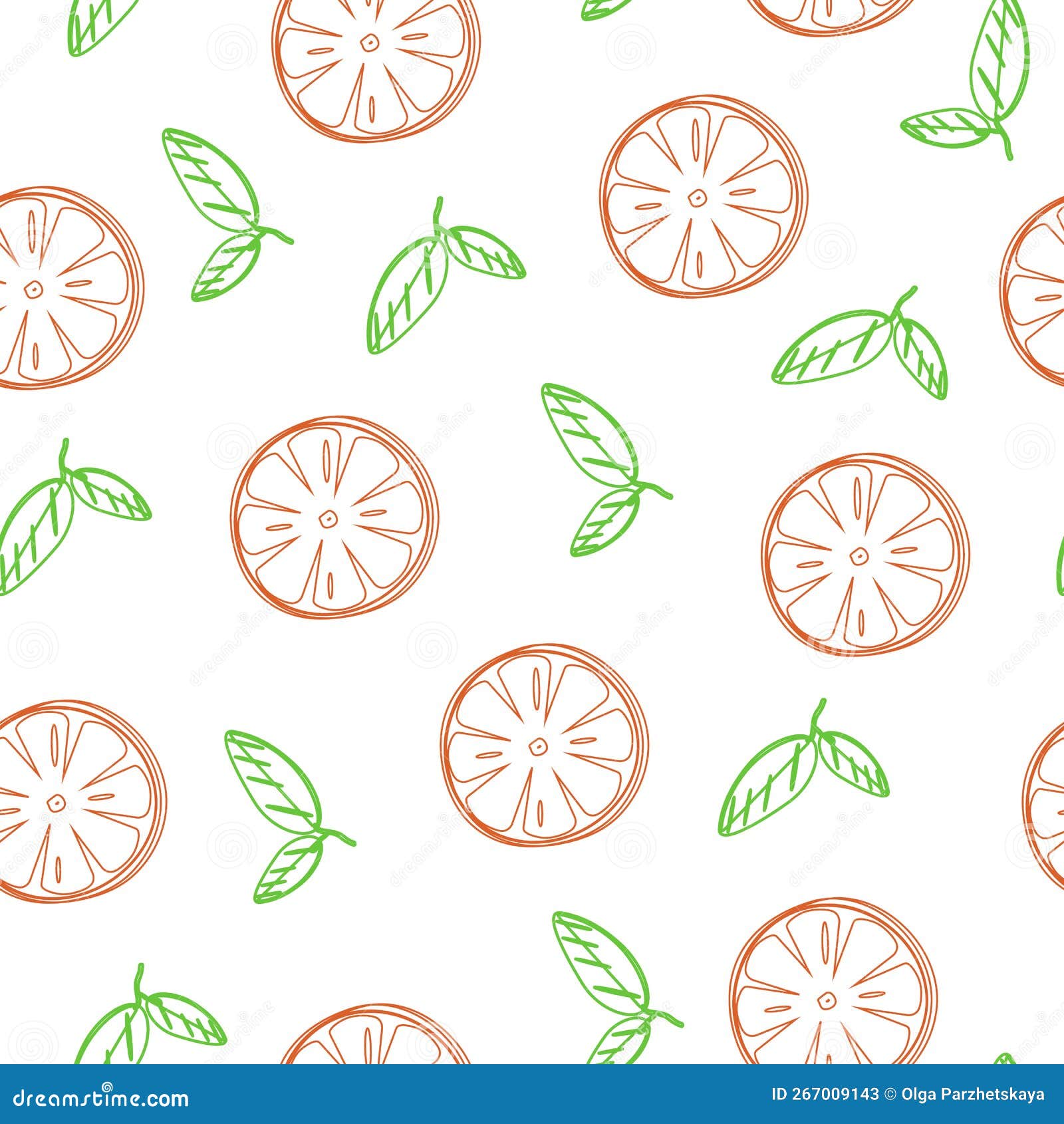 Seamless Repeating Pattern with Orange Slices and Leaves. Outline on a ...