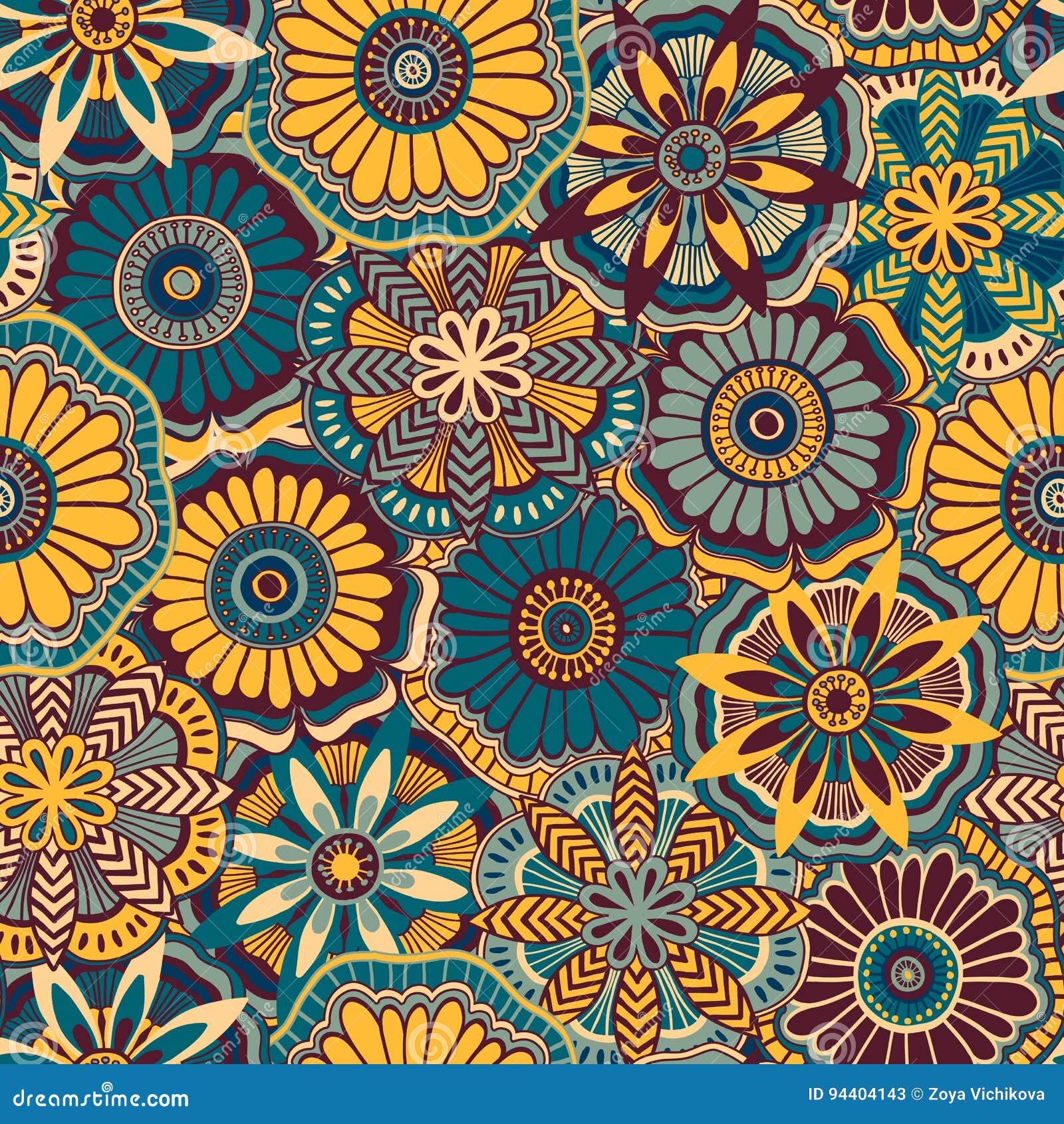 Seamless Retro Pattern from Decorative Doodle Flowers Stock Vector ...