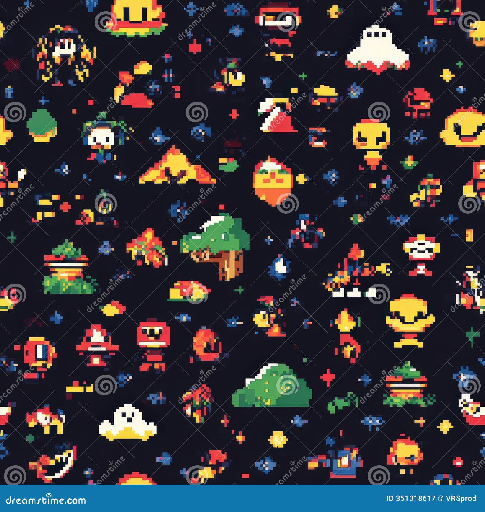 Retro Pixel Art Pattern with Vibrant Characters Stock Illustration ...