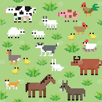Seamless Retro Pixel Farm Animals Pattern Stock Vector - Illustration ...