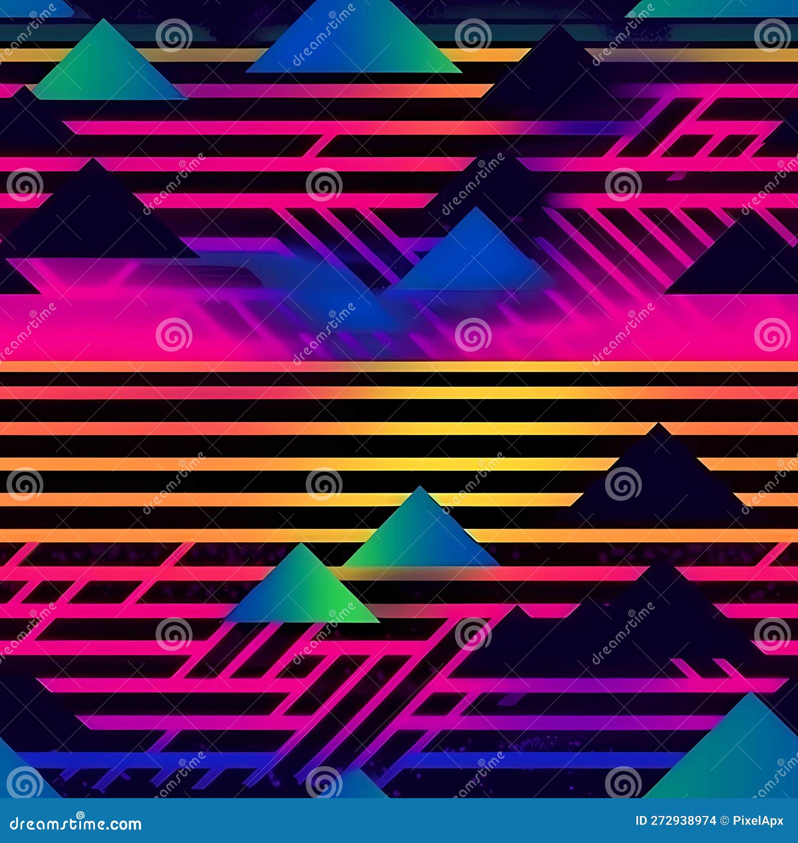 Seamless Retrowave 80s Retro Geometric Triangle Lines Rainbow Stock ...