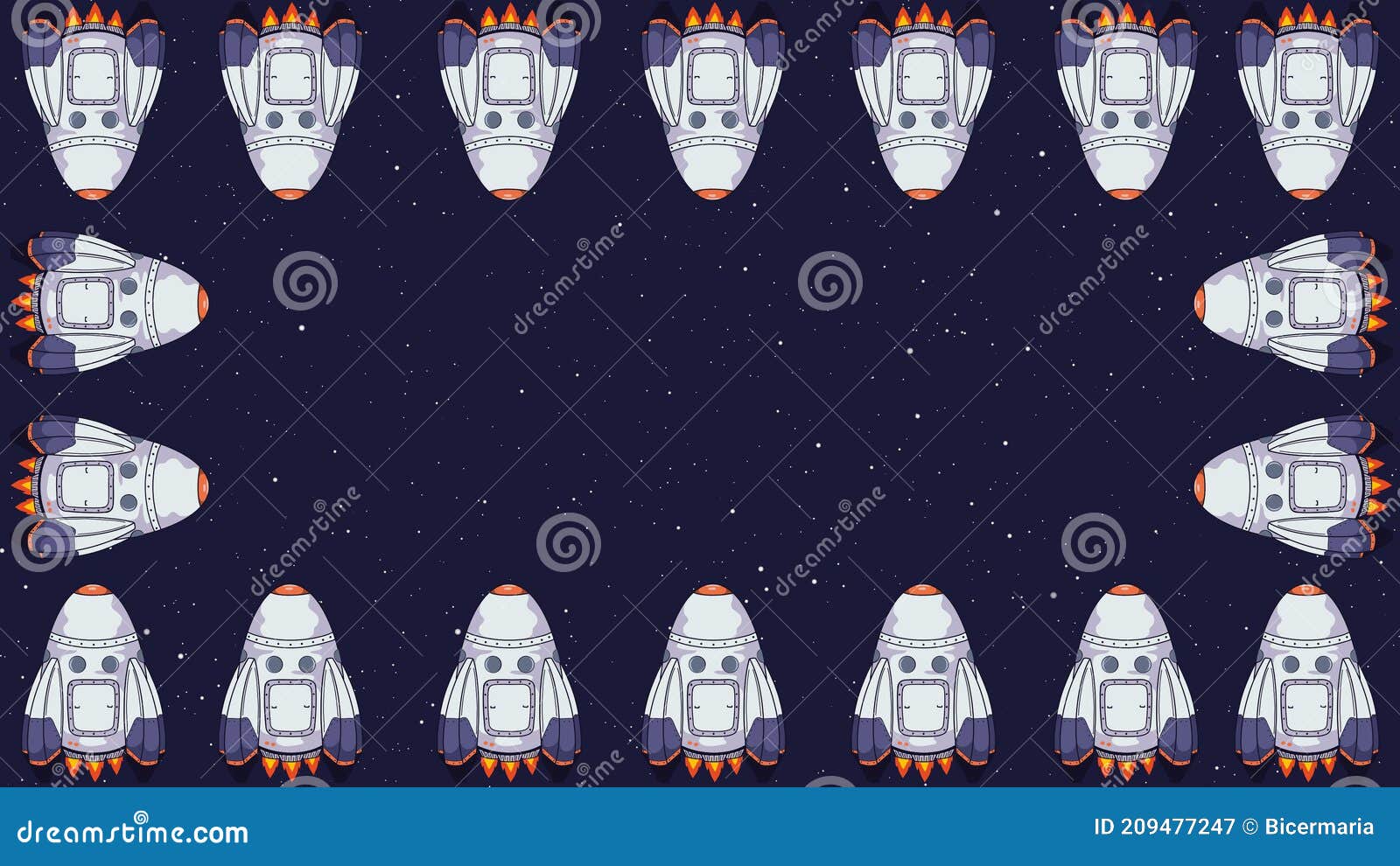 Seamless Rockets Frame on Starry Blue Background Illustration. Stock ...