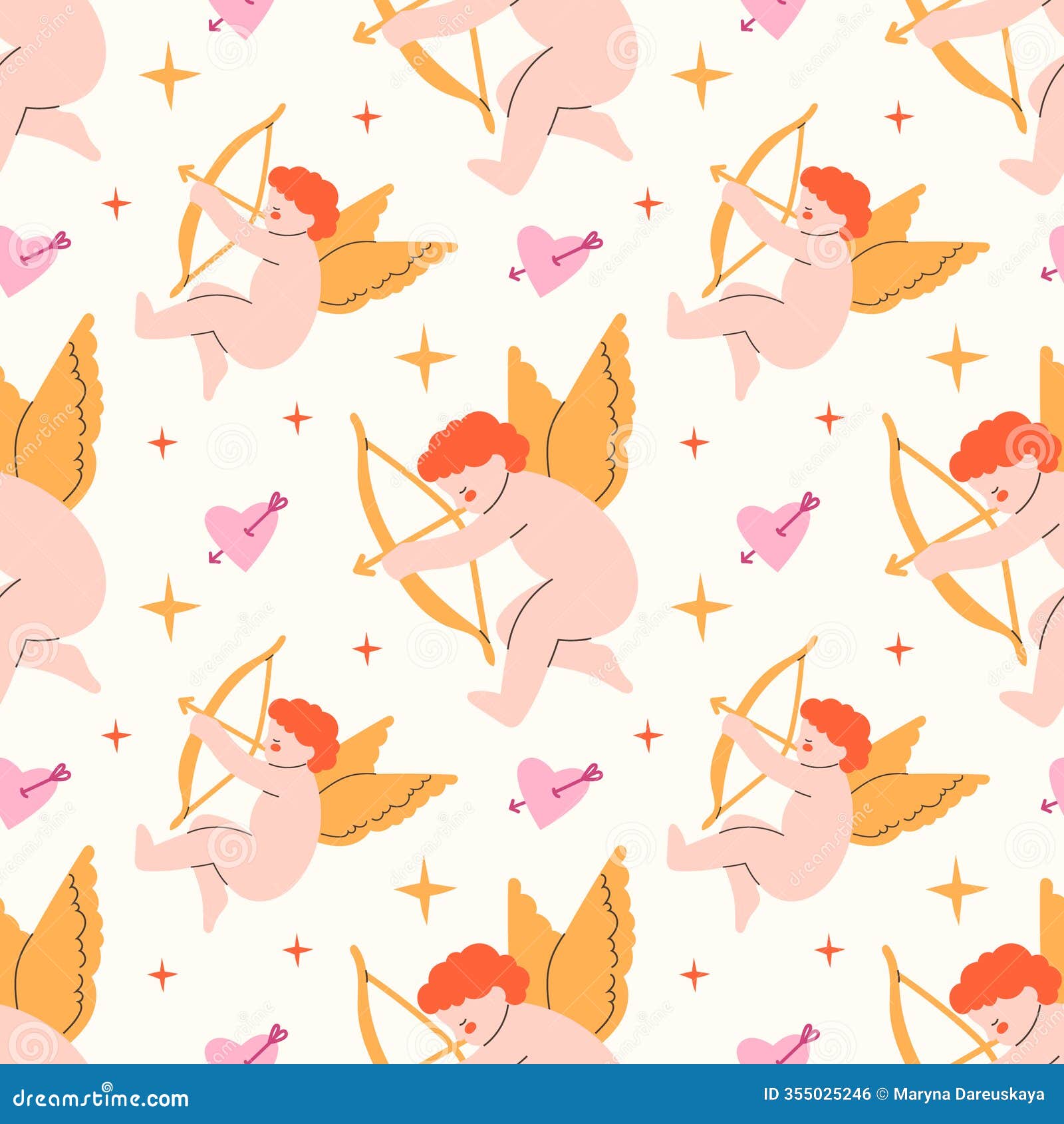 Seamless Romantic Pattern with Cupids and Hearts Stock Illustration ...