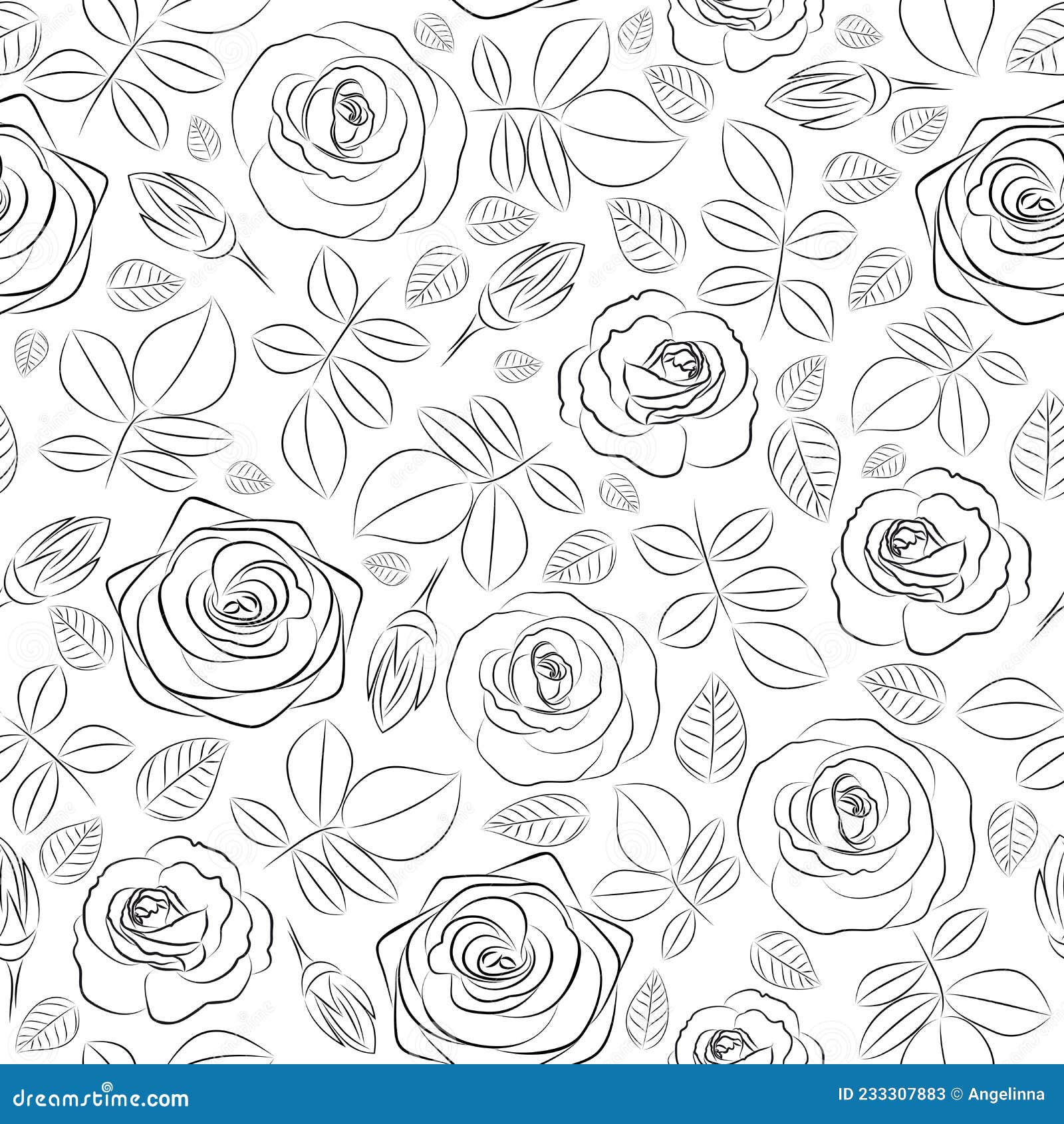 Seamless Rose Pattern with Outline Rose Shaped Flowers and Leaves Stock ...