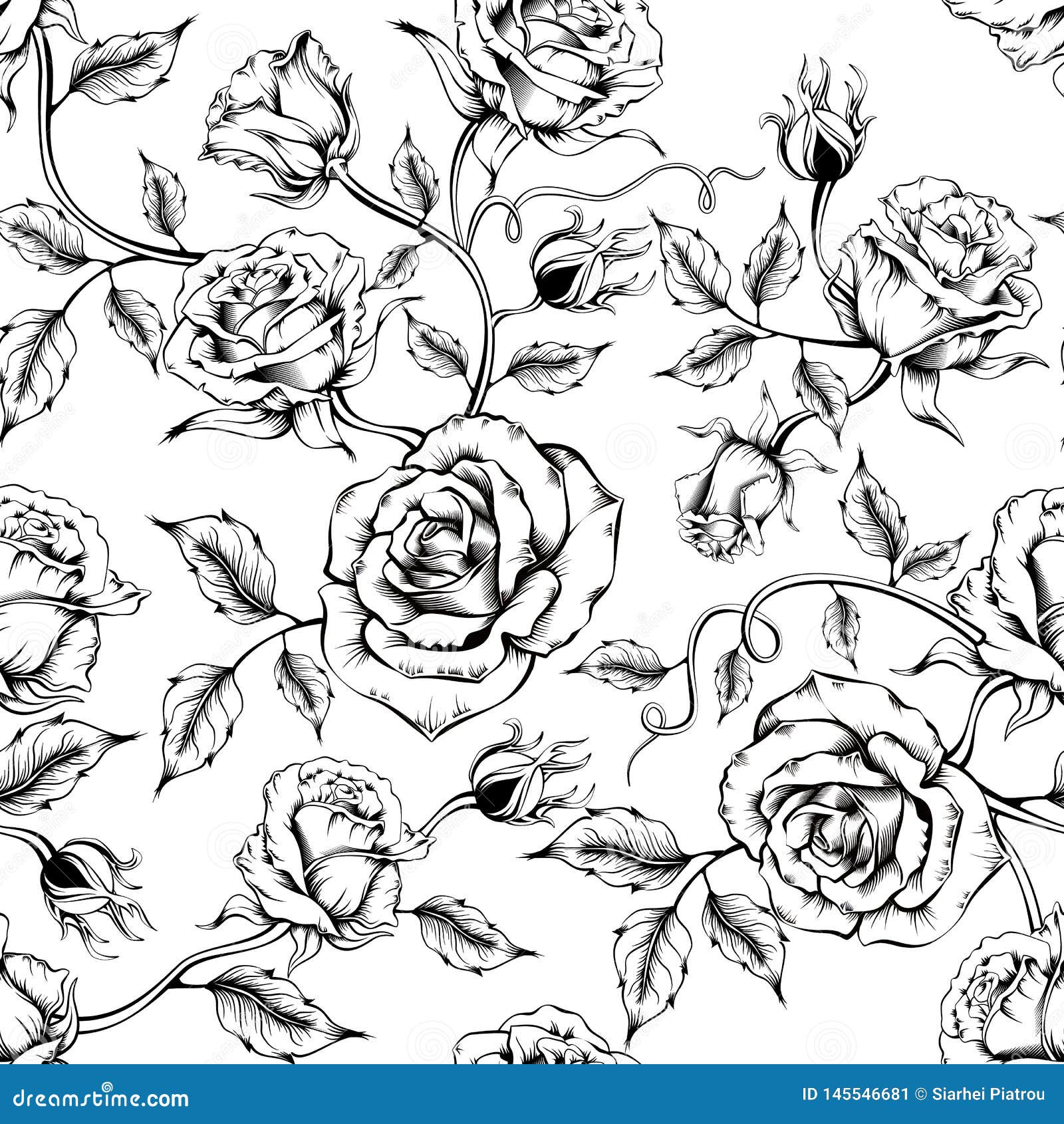 Seamless Rose Pattern with Sketch Flowers Stock Vector - Illustration ...