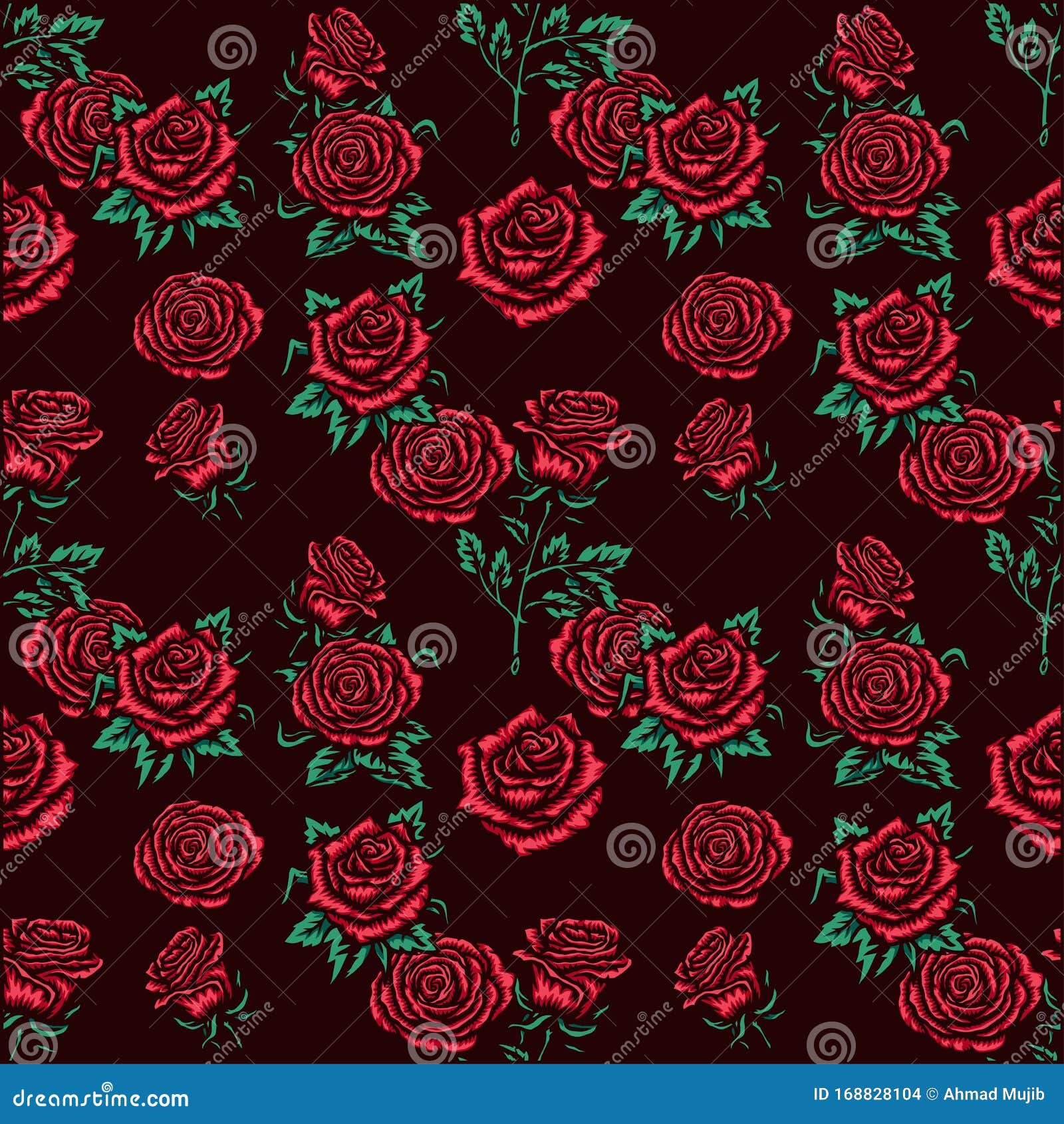 Seamless Rose Pattern in Vector, Hand Drawn Line with Digital Color ...